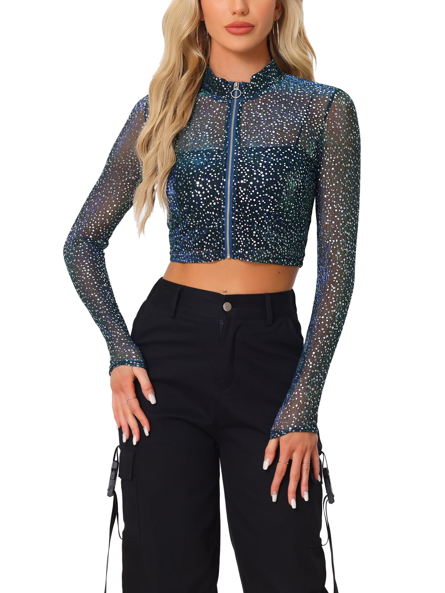 Allegra K Women's Dots Stand Collar Semi Sheer Cropped Jacket - Walmart.com