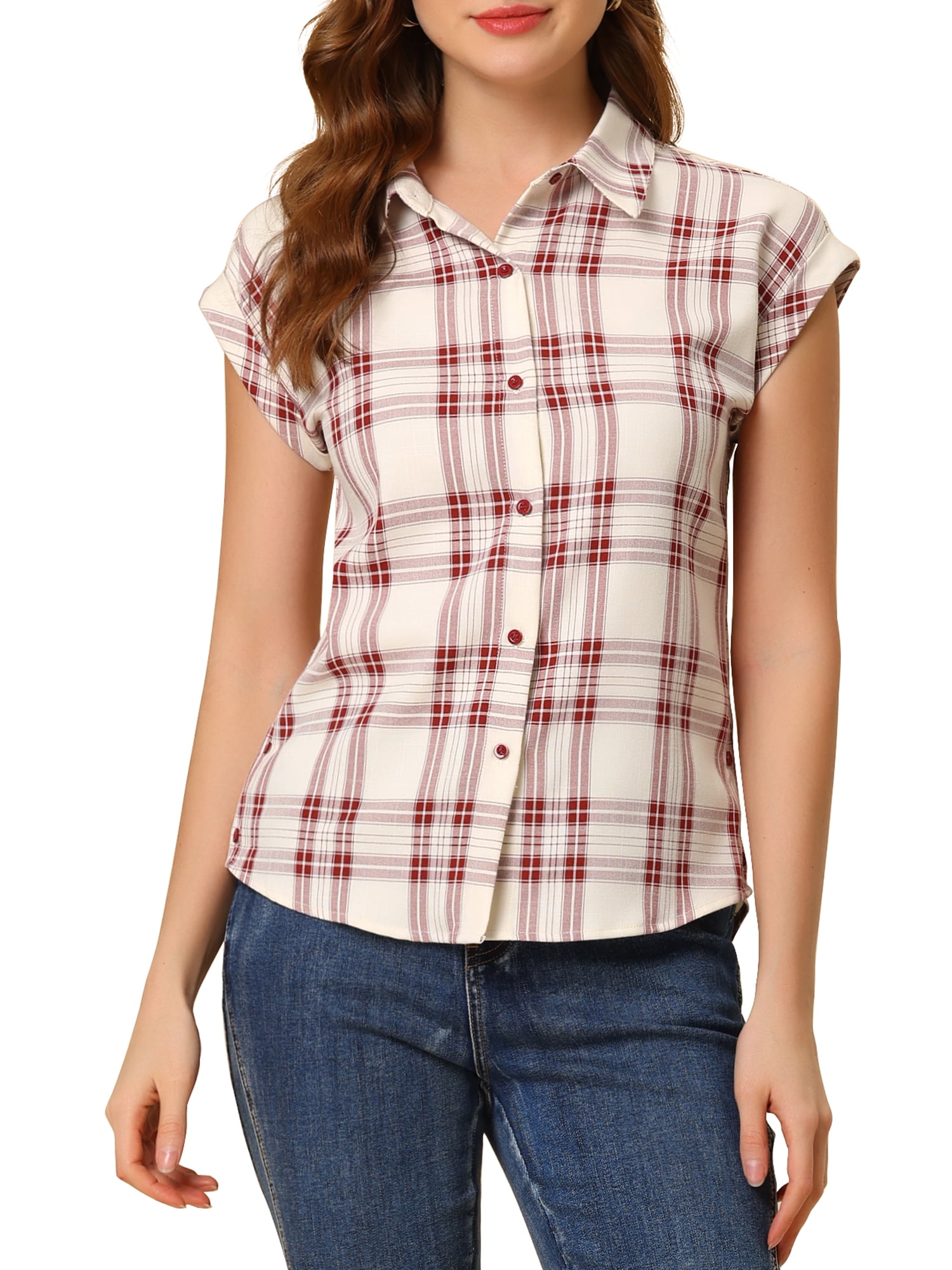 Allegra K Women's Point Collar Short Cap Sleeves Plaids Button Down ...