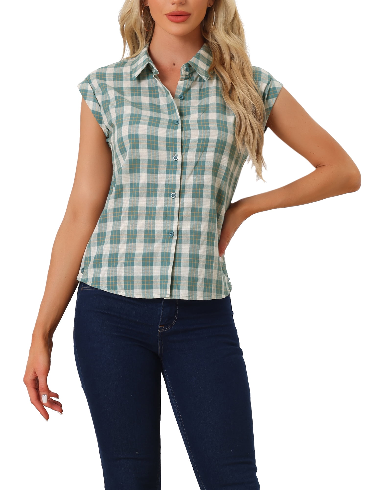 Allegra K Women's Point Collar Short Cap Sleeves Plaids Button Down ...