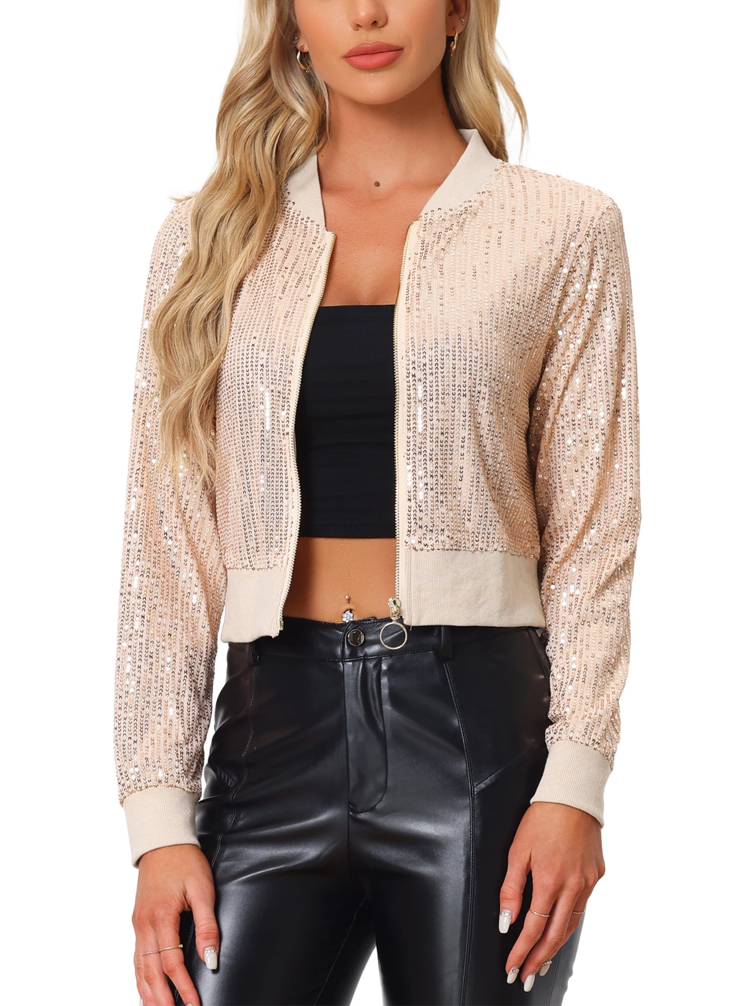 Allegra K Women's Sequin Sparkle Zipper Cropped Bomber Jacket - Walmart.com