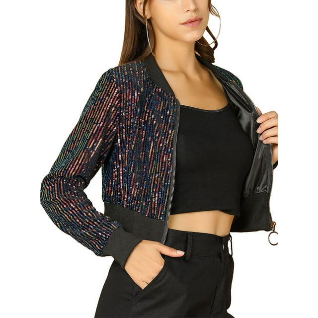 Allegra K Women's Sequin Sparkle Zipper Cropped Bomber Jacket - Walmart.com