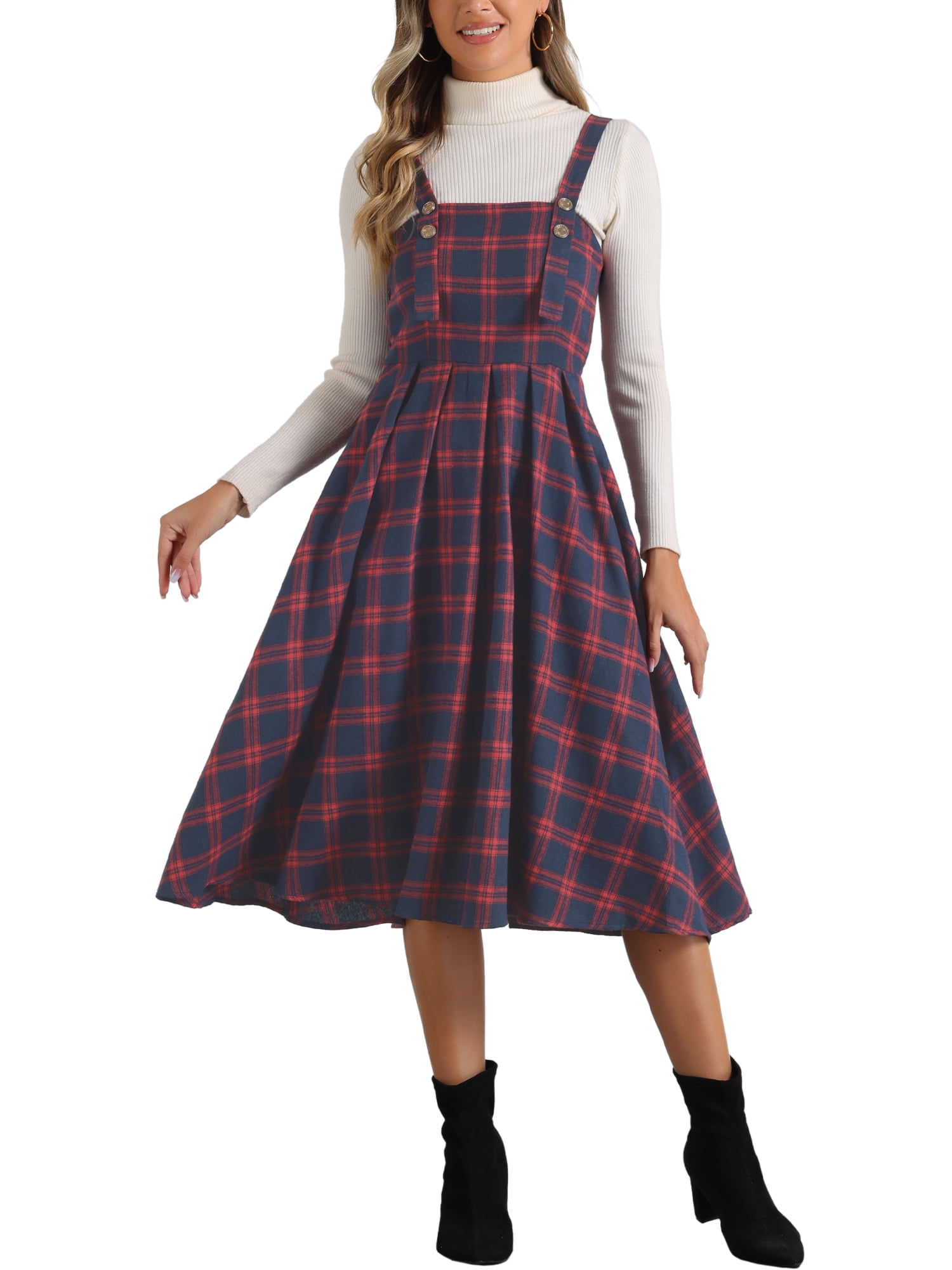 INSPIRE CHIC Women's Vintage Plaid Sleeveless A-Line Overall Pinafore ...