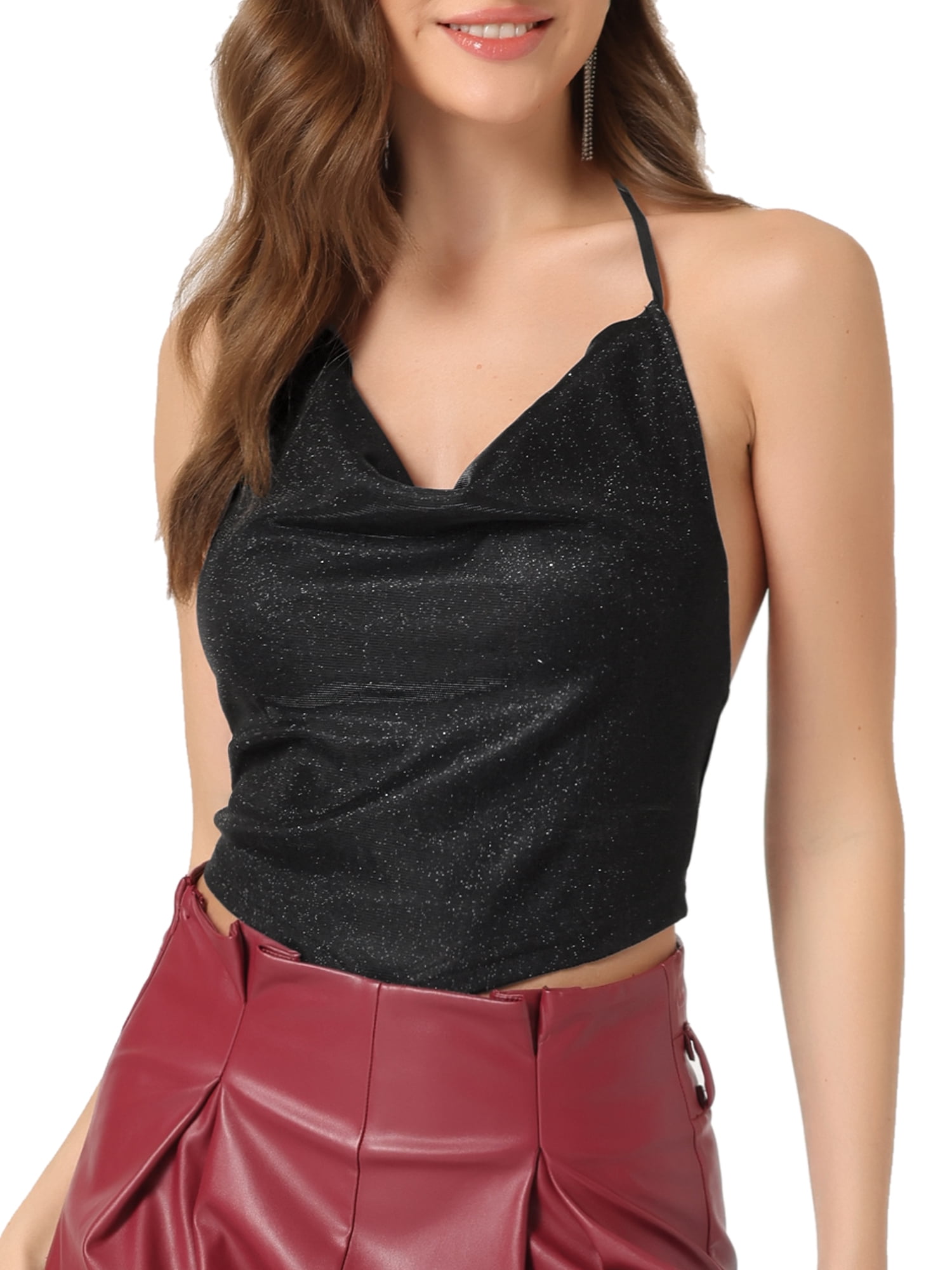 INSPIRE CHIC Women's Halter Glitter Cowl Neck Draped Clubwear Backless ...