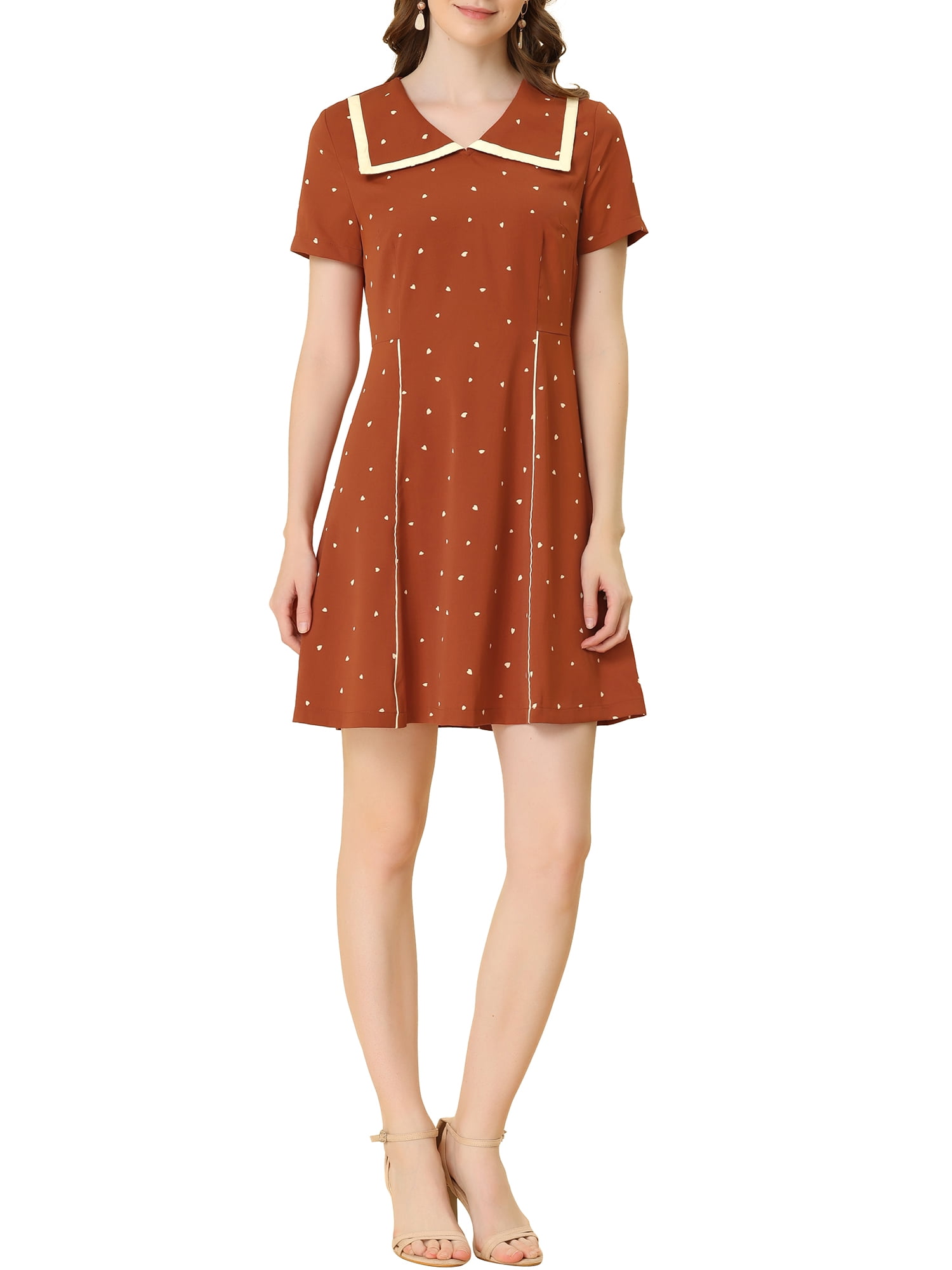 INSPIRE CHIC Women's Heart Printed Doll Collar Short Sleeve A-Line ...