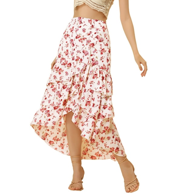 Allegra K Women's High Low Ruffle Hem Skirt Elastic Waisted Ruched ...