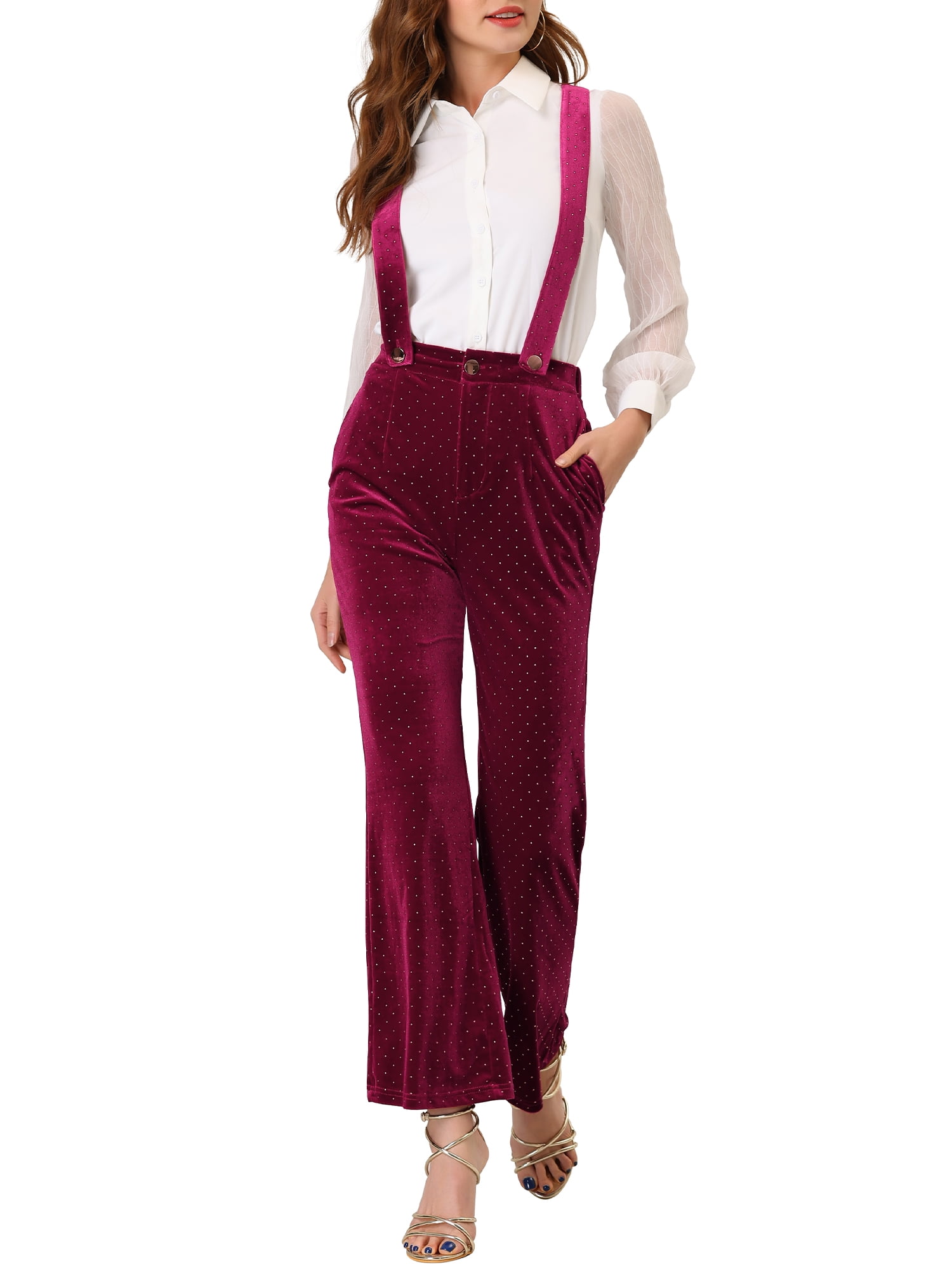 Allegra K Women's High Waist Button Pants Polka Dots Overalls Jumpsuits ...