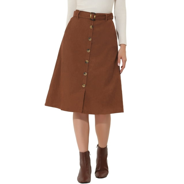 Allegra K Women's High Waist Midi Skirts A-Line Button Front Belted ...