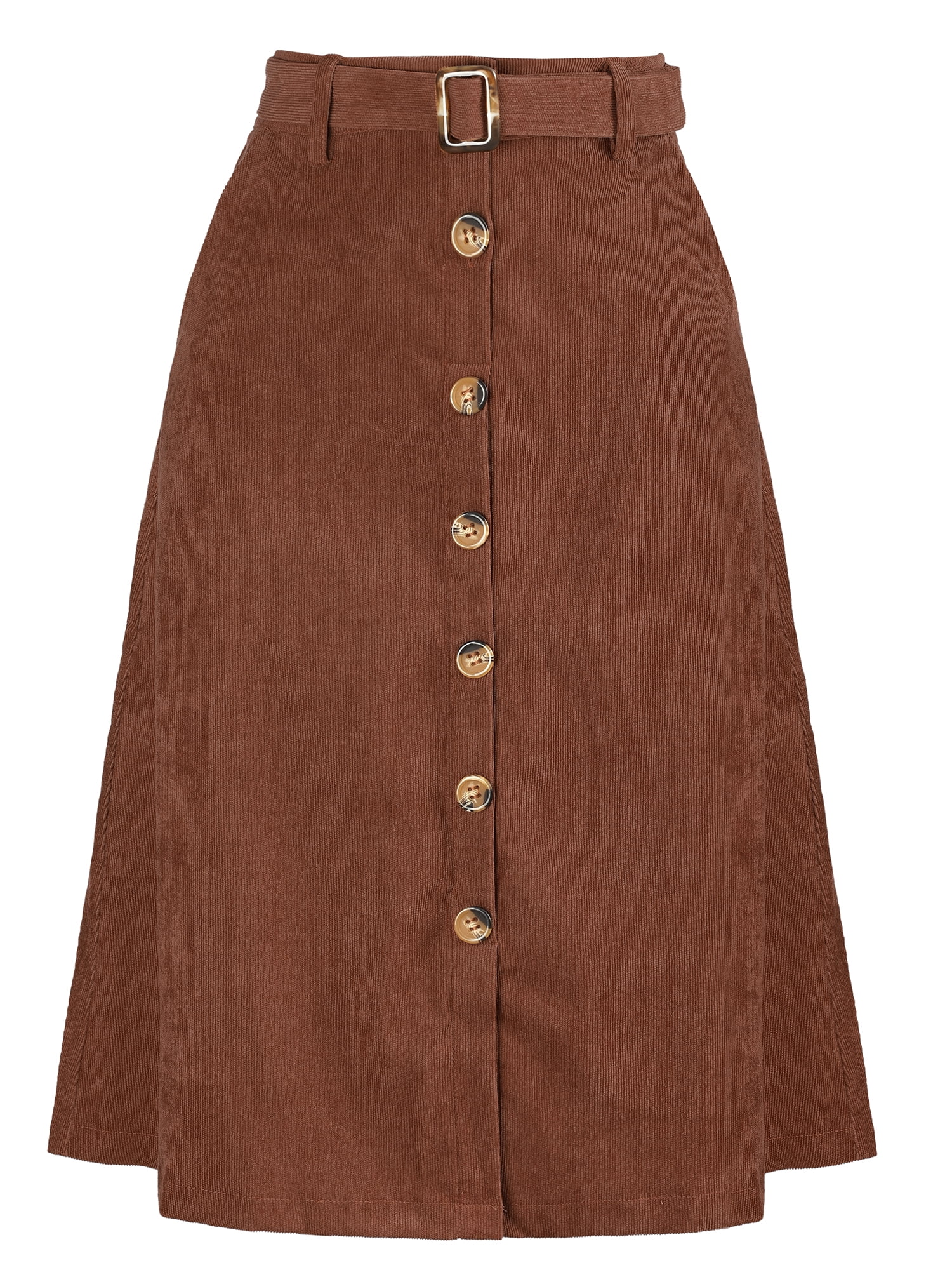 INSPIRE CHIC Women's Skirt High Waist Button Front Belted Corduroy Midi Skirt S Dark Brown ...