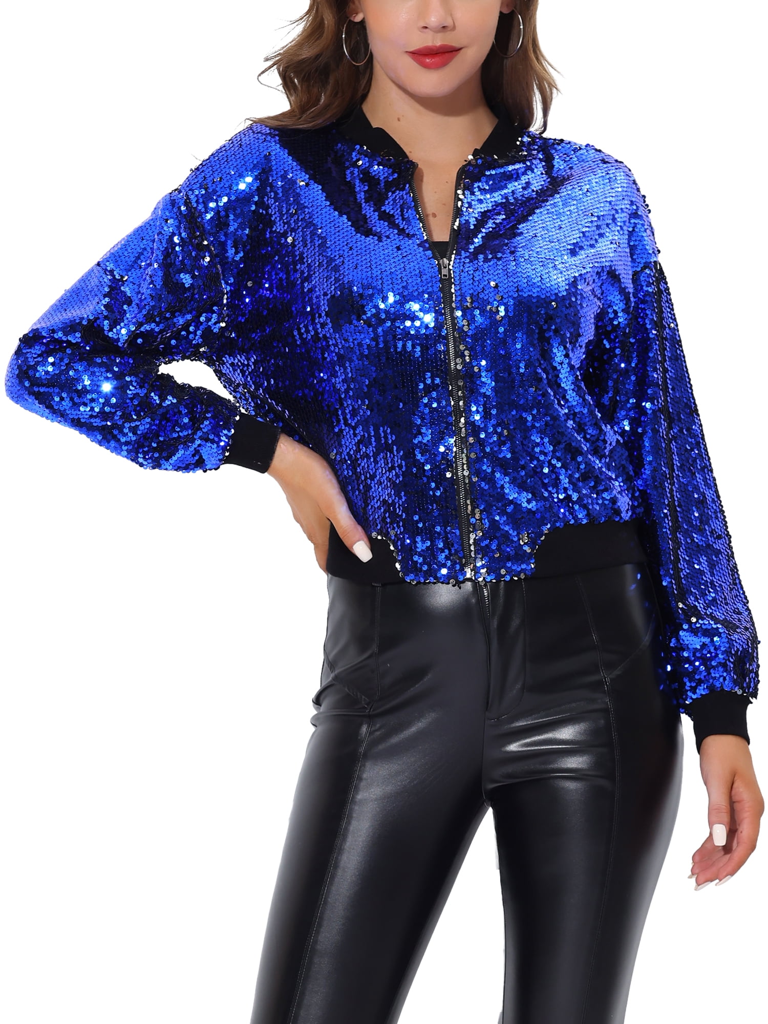 INSPIRE CHIC Women's Holidays Jackets Glitter Long Sleeve Zipper ...
