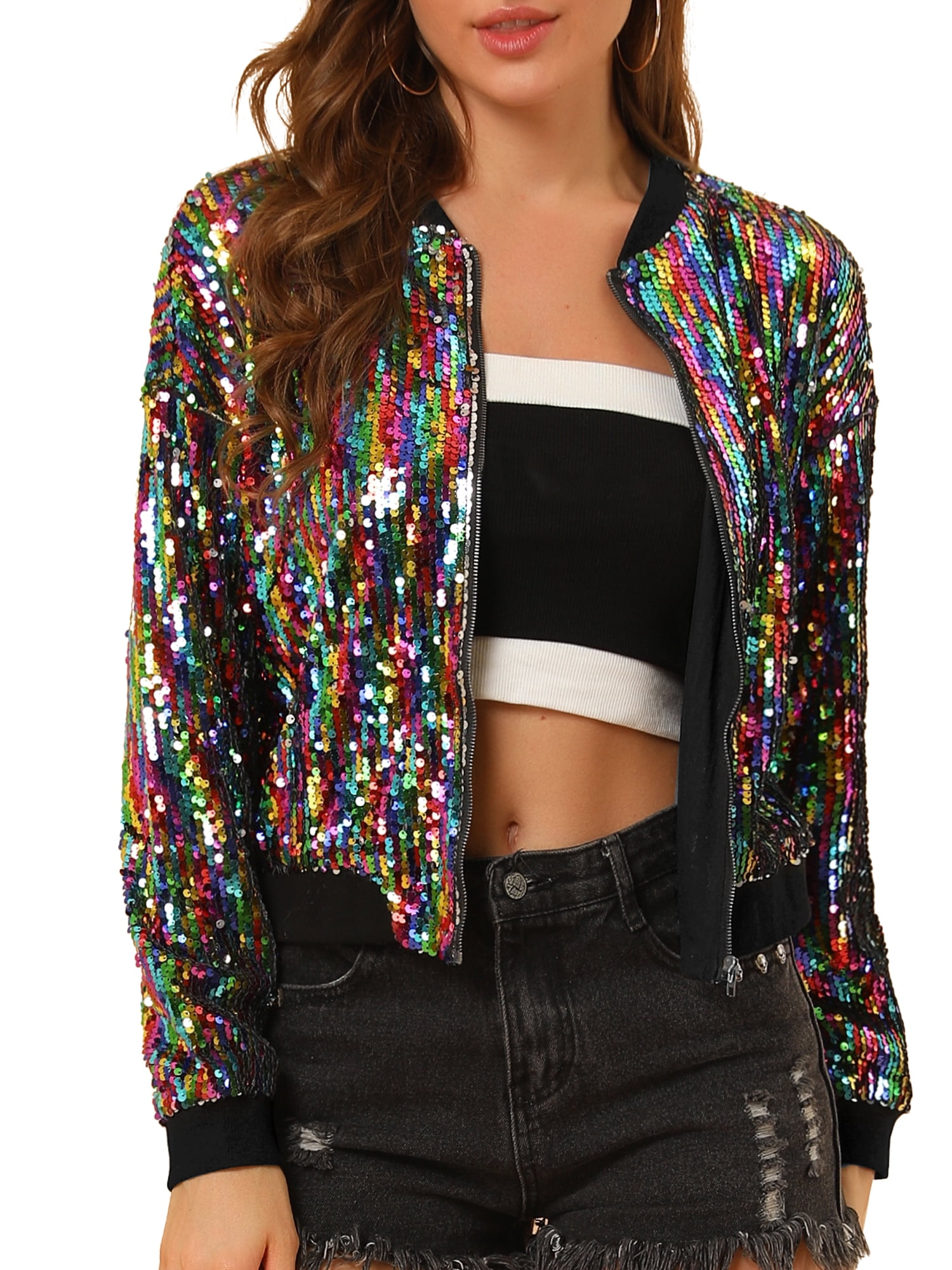 INSPIRE CHIC Women's Sequin Jacket Zipper Closure Hidden Pockets Bomber ...