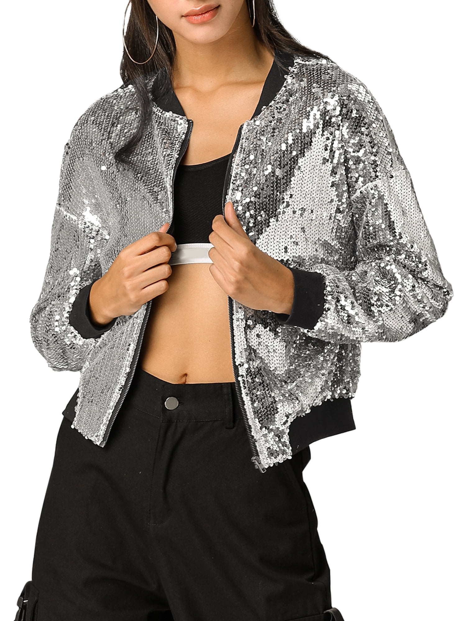 Allegra K Women's Holidays Jackets Glitter Long Sleeve Zipper Cropped Sequin Jacket L Silver ...
