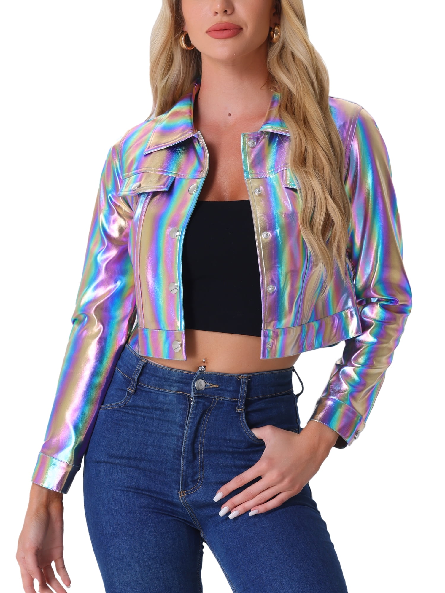 INSPIRE CHIC Women's Holographic Shiny Biker Button Down Metallic ...