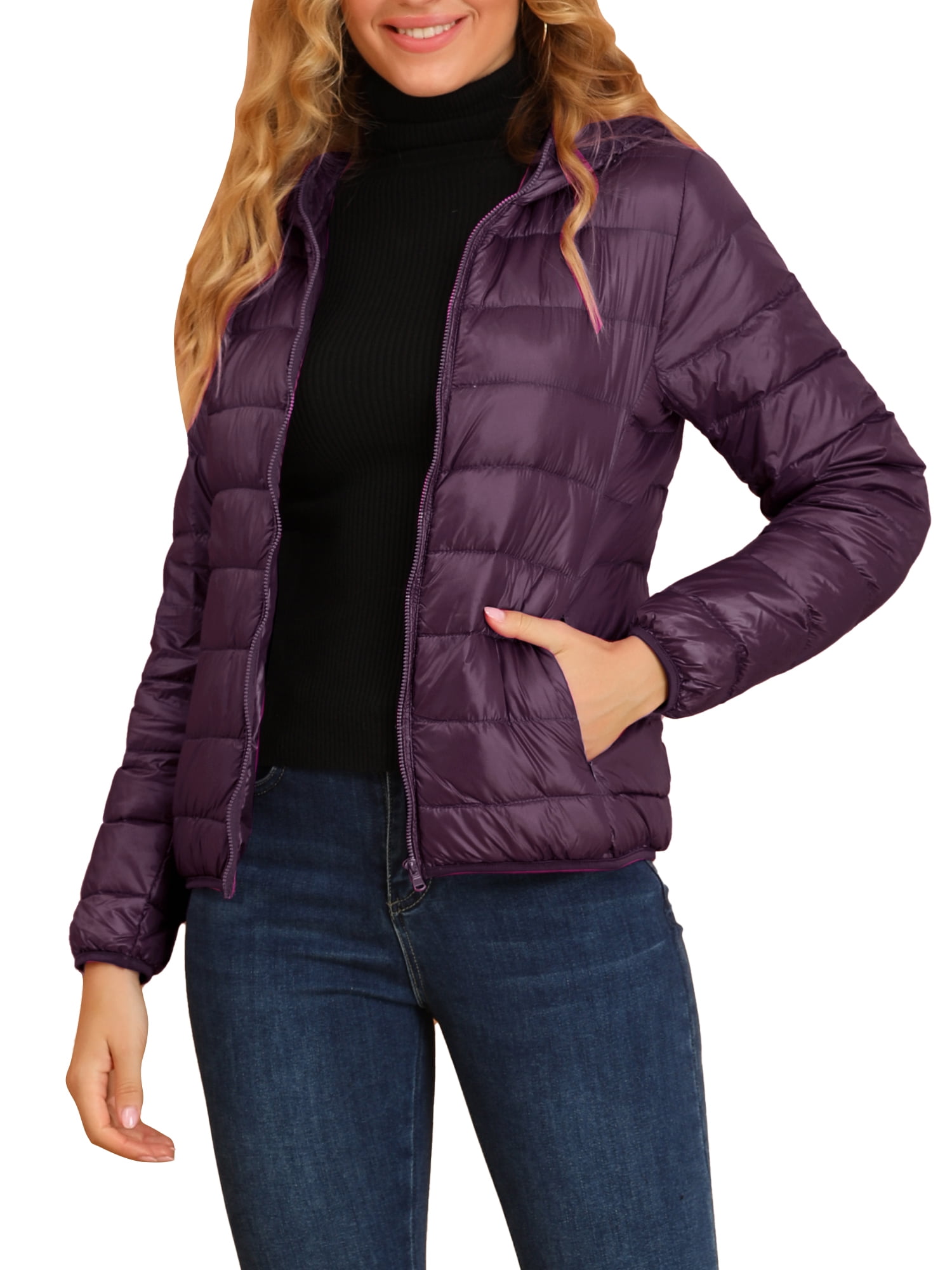 INSPIRE CHIC Women's Puffer Jacket Stand Collar Lightweight Hooded Zip ...