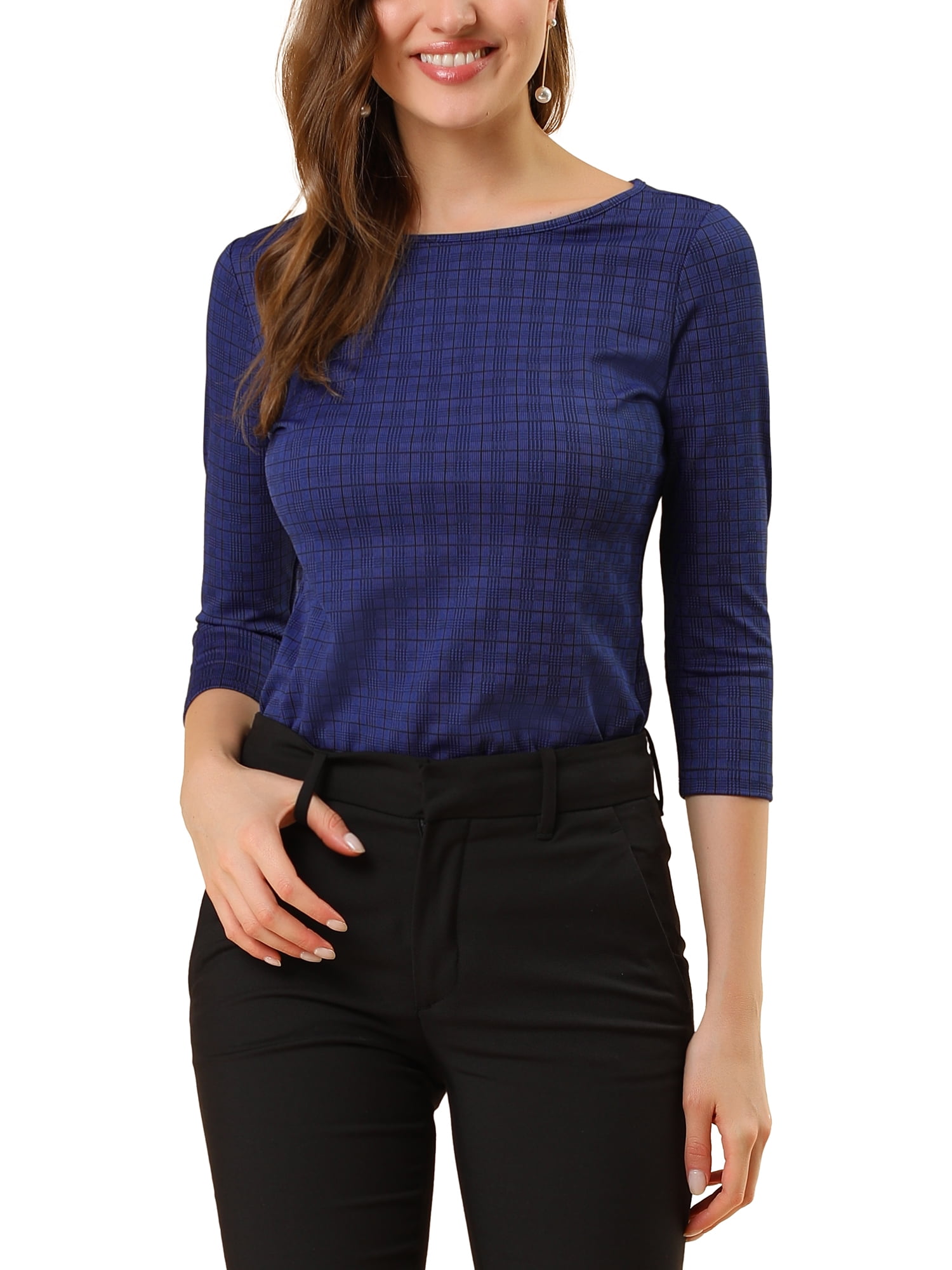 INSPIRE CHIC Women's Check Top Boat Neck 3/4 Sleeve Plaid Houndstooth ...
