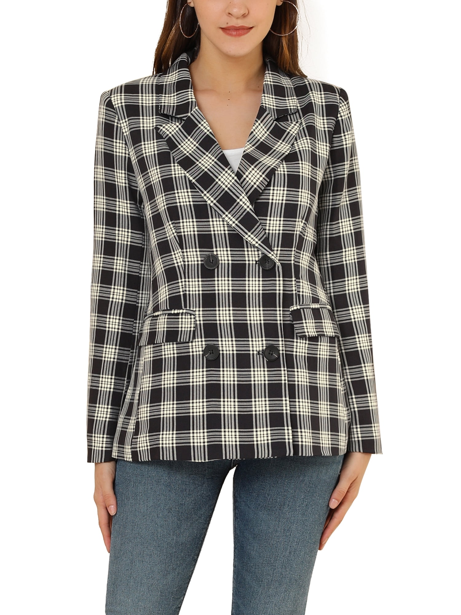 Allegra K Women's Jacket Notched Lapel Double Breasted Padded Shoulder Blazer M Black - Walmart.com