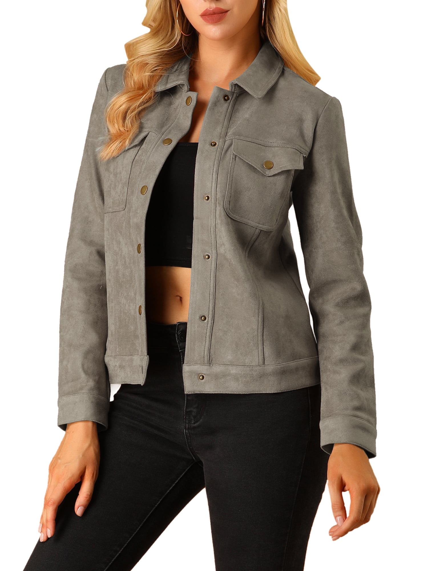 INSPIRE CHIC Women's Turn-Down Collar Flap Pockets Snap Button Faux ...
