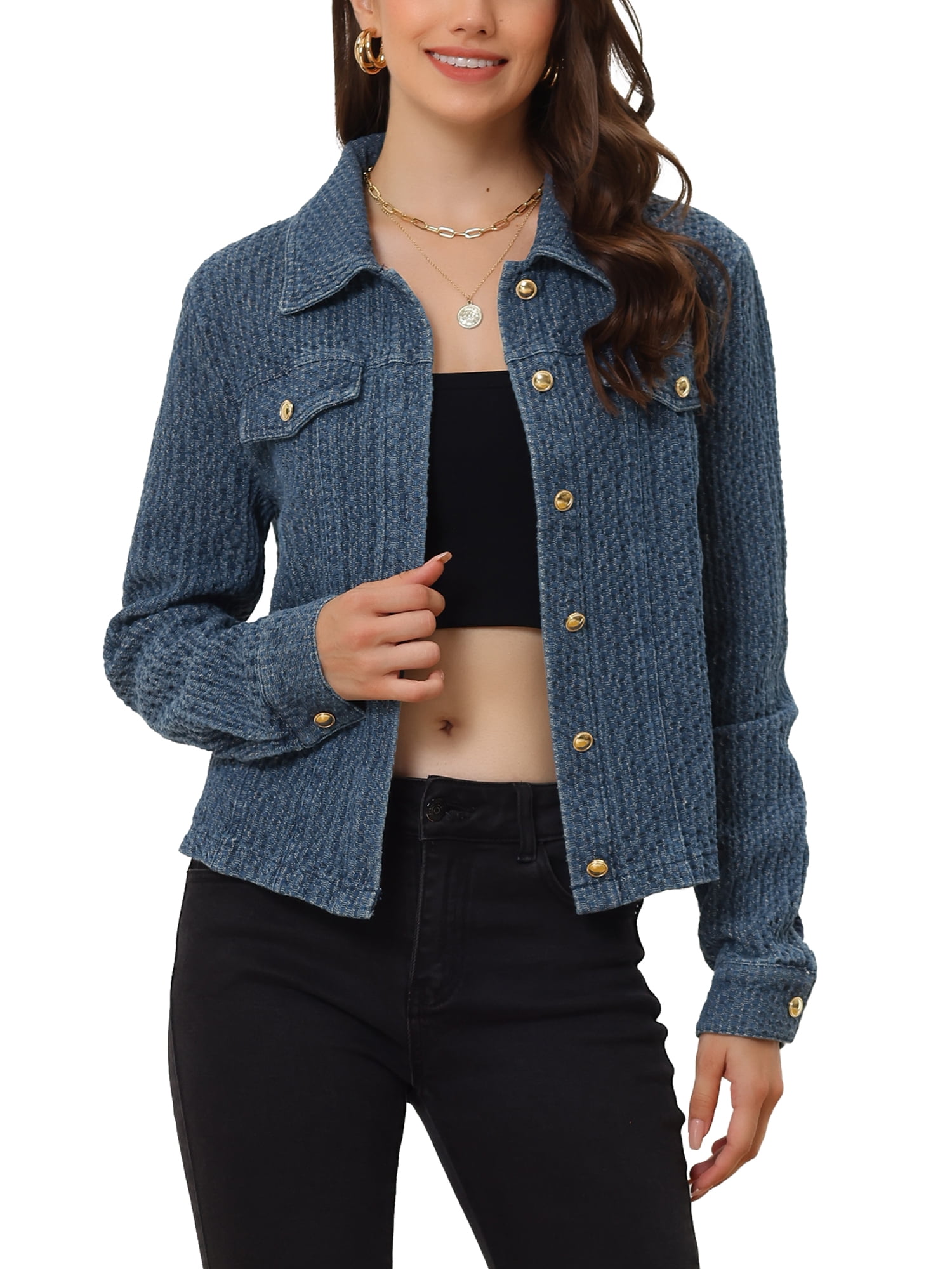 Allegra K Women's Jean Jacket Button Up Long Sleeves Texture Washed Casual Denim Jacket ...