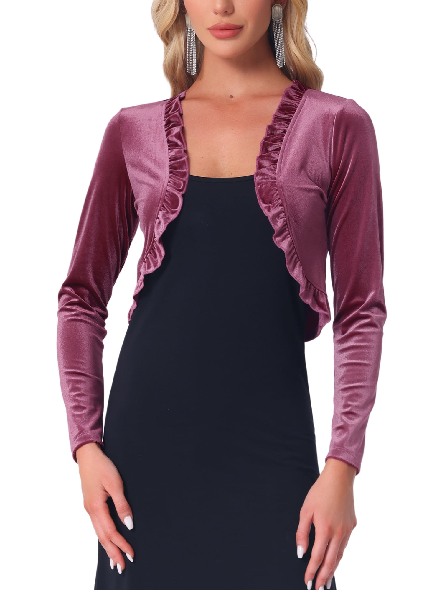 Allegra K Women's Knit Velvet Open Front Long Sleeves Shrug Cropped ...