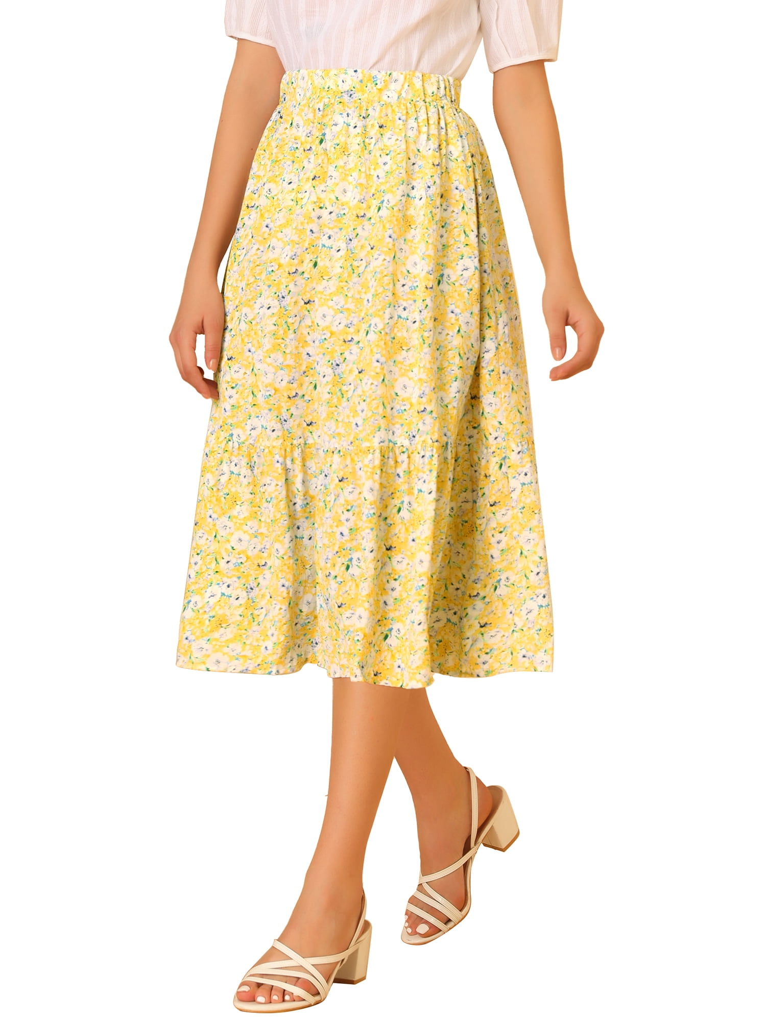 Allegra K Women's Lace Inset Elastic Waist Midi Ditsy Floral Boho Above ...