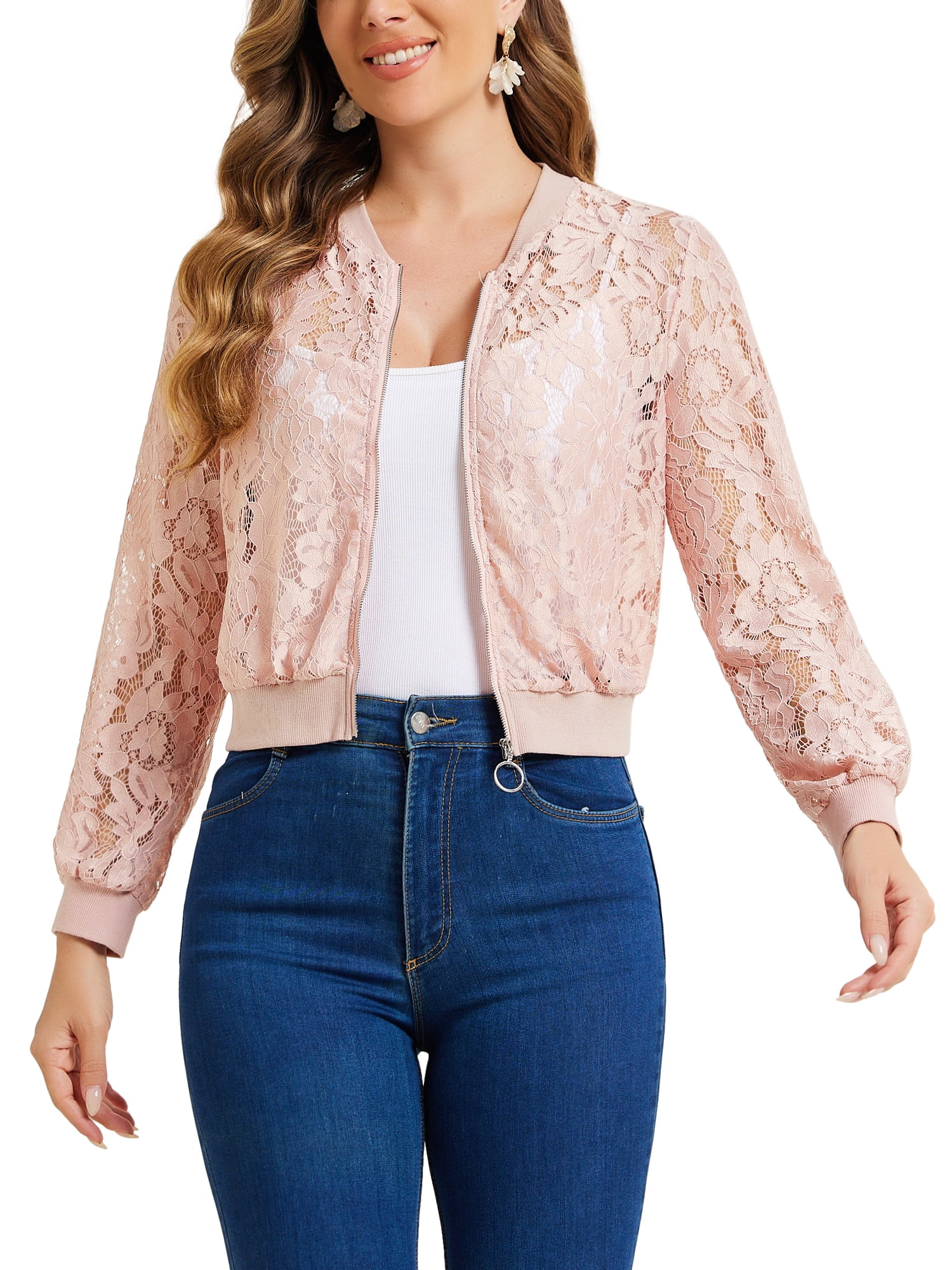 INSPIRE CHIC Women's Lace Jackets Stand Collar Zip Up Mesh Sheer Bomber ...