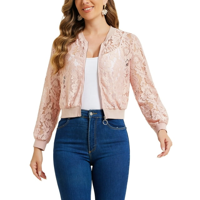 Allegra K Women's Lace Jackets Stand Collar Zip Up Mesh Sheer Bomber ...