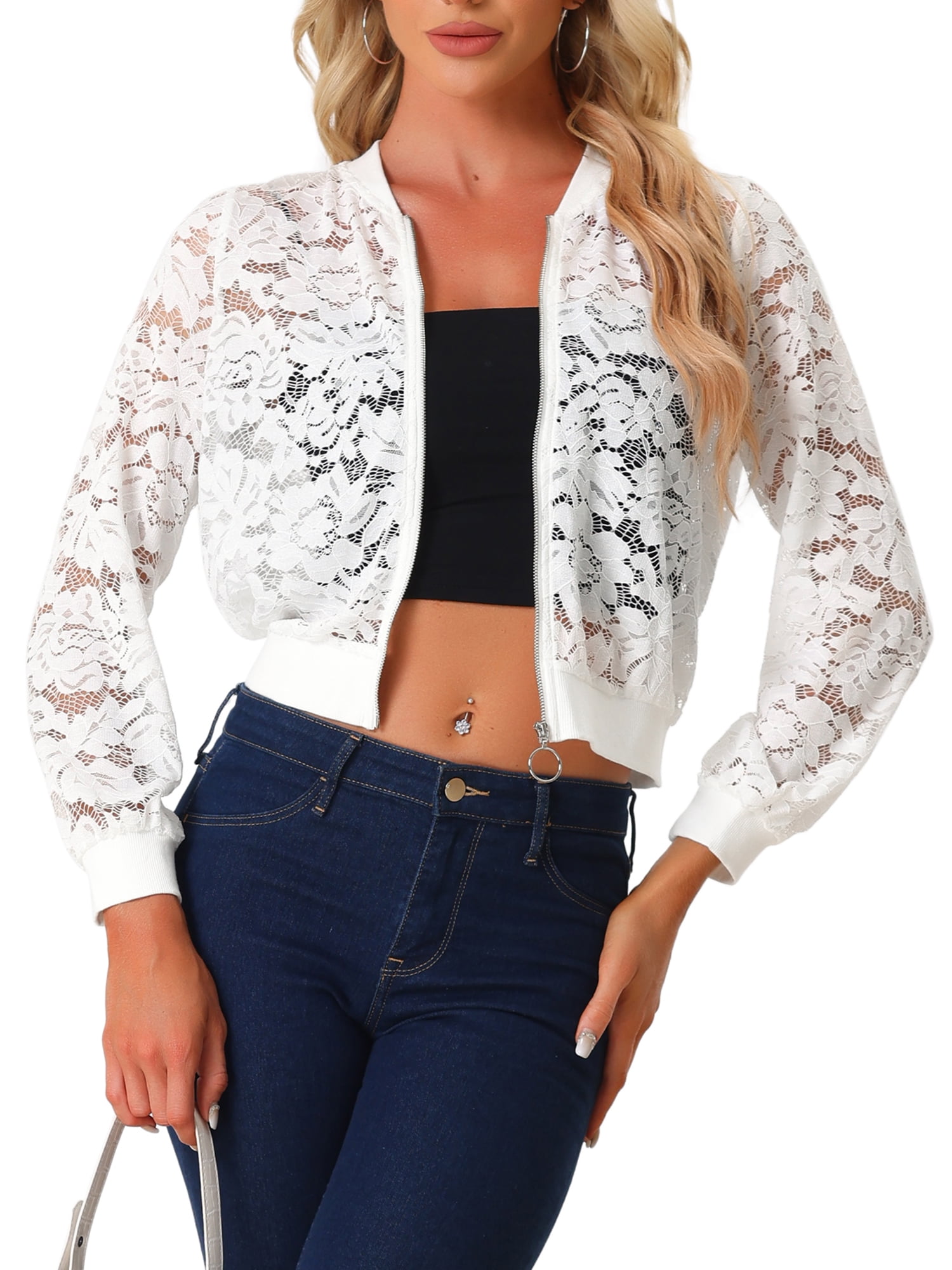 INSPIRE CHIC Women's Lace Jackets Stand Collar Zip Up Mesh Sheer Bomber ...