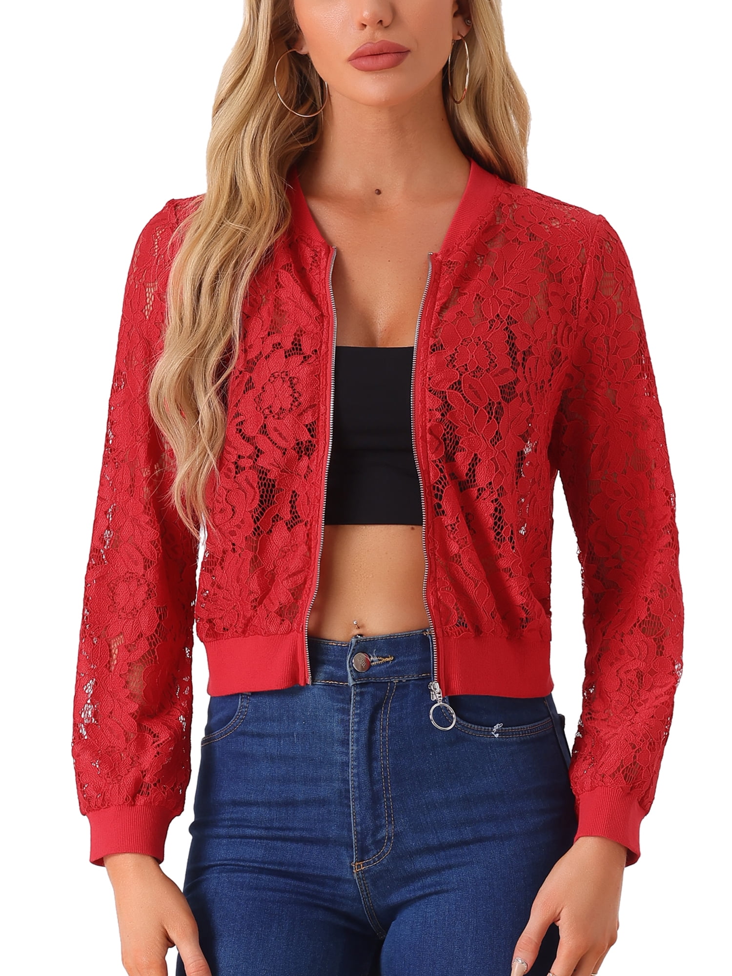 INSPIRE CHIC Women's Lace Jackets Stand Collar Zip Up Mesh Sheer Bomber ...