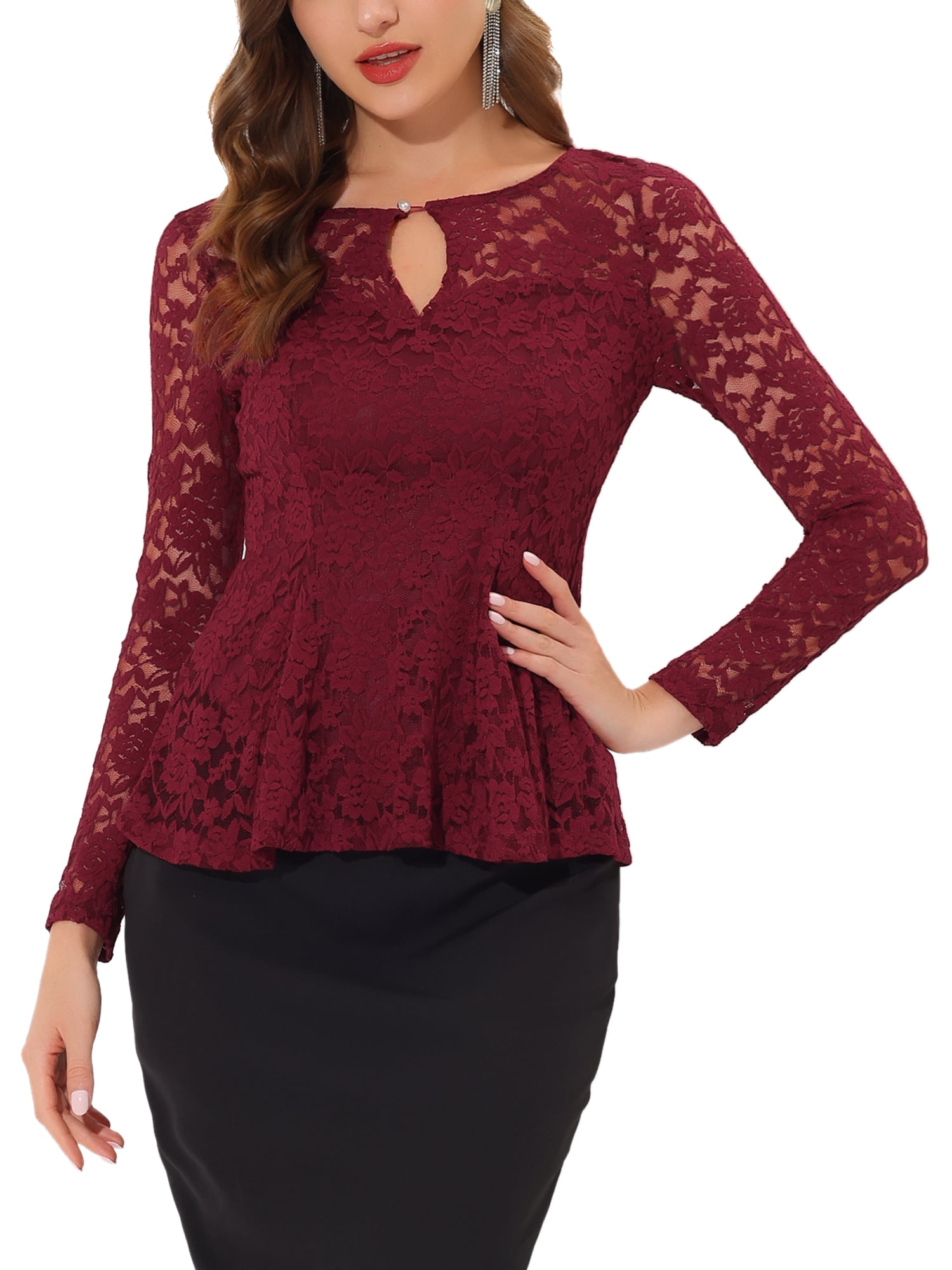 Allegra K Women's Lace Peplum Tops Round Neck Long Sleeve Elegant ...