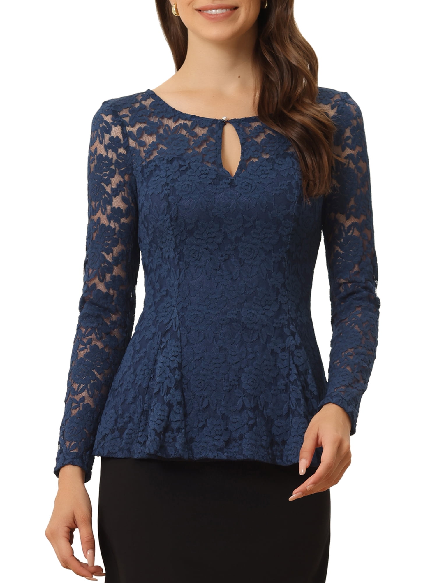 Allegra K Women's Lace Peplum Tops Round Neck Long Sleeve Elegant ...