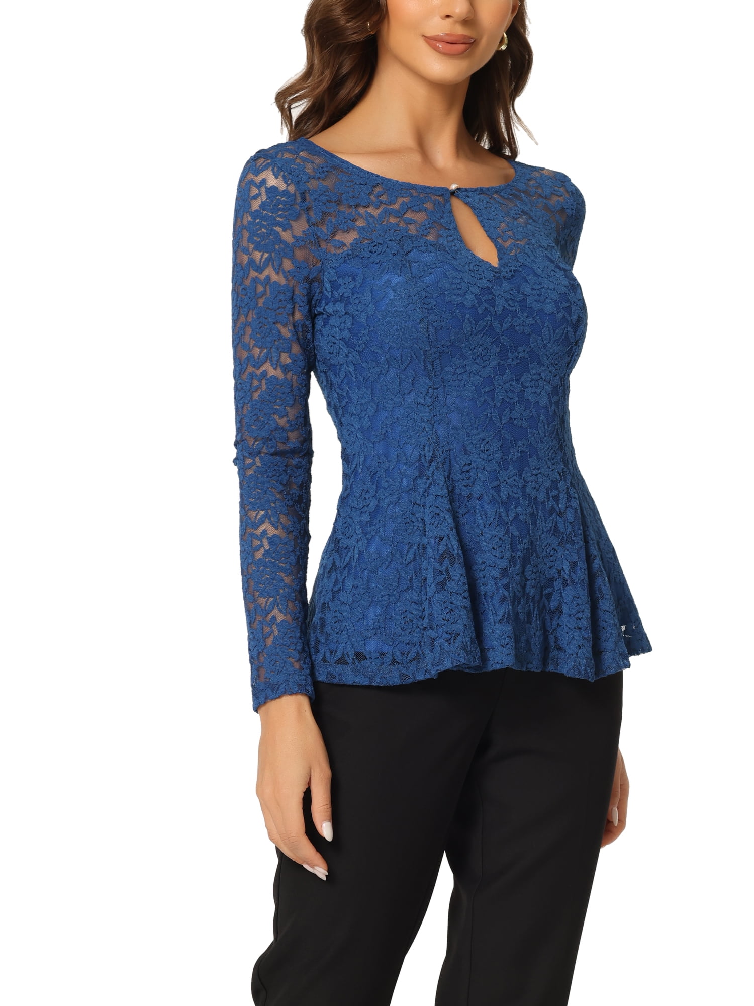 Allegra K Women's Lace Peplum Tops Round Neck Long Sleeve Elegant ...