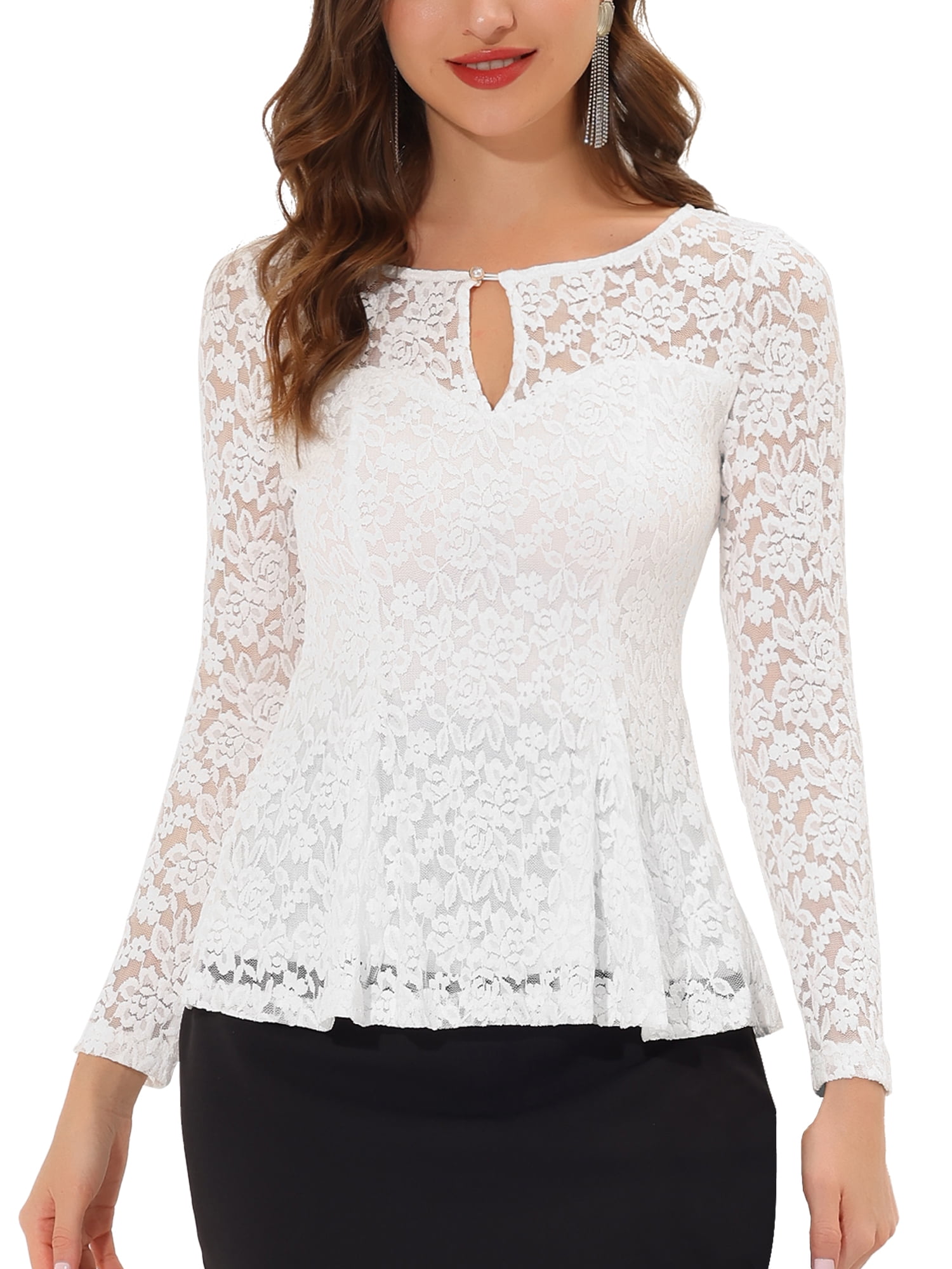 Allegra K Women's Lace Peplum Tops Round Neck Long Sleeve Elegant ...