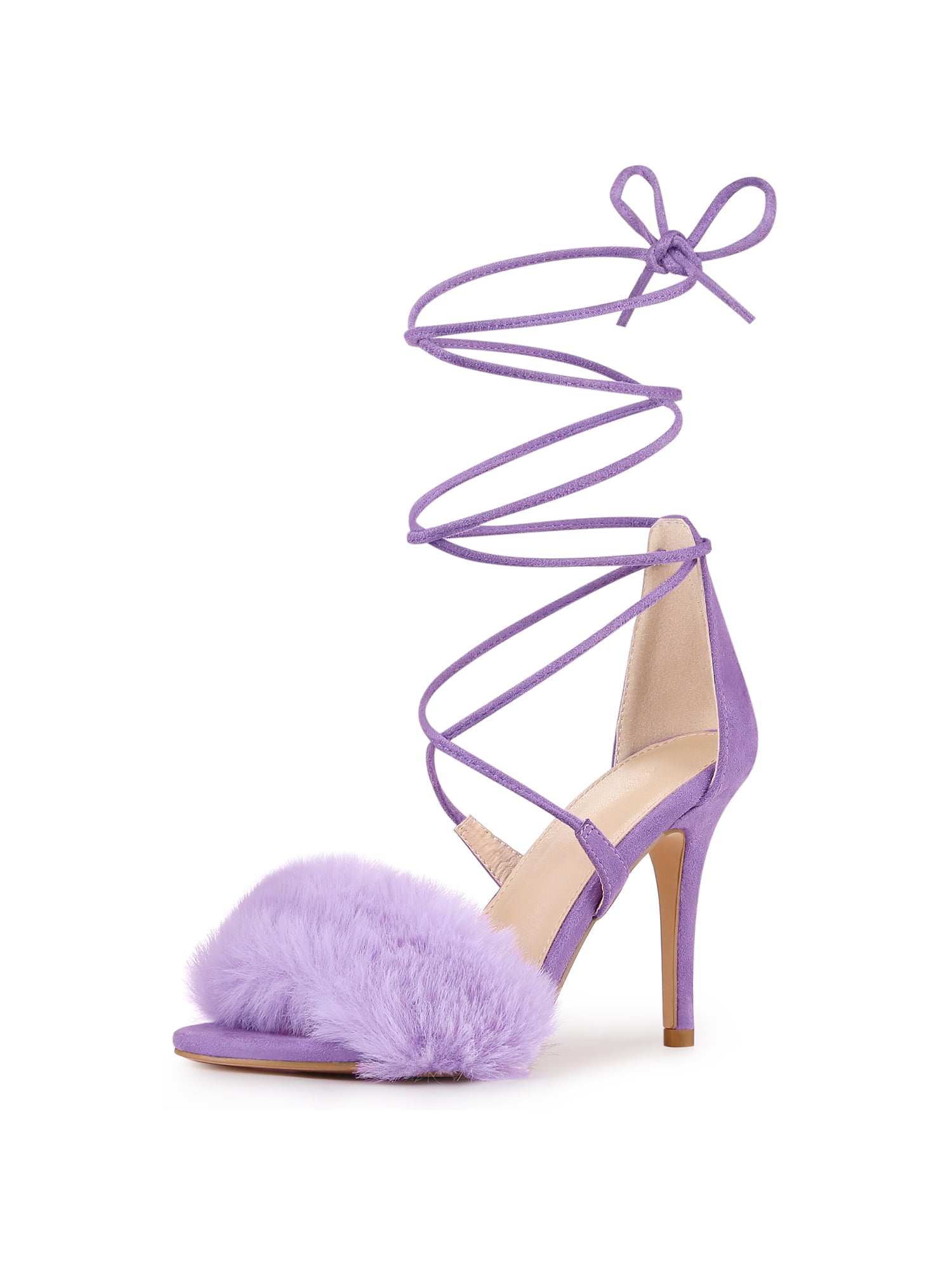 BLISSFUL STEP Women's Lace Up Heels Faux Fur Stiletto High Heel Sandals ...