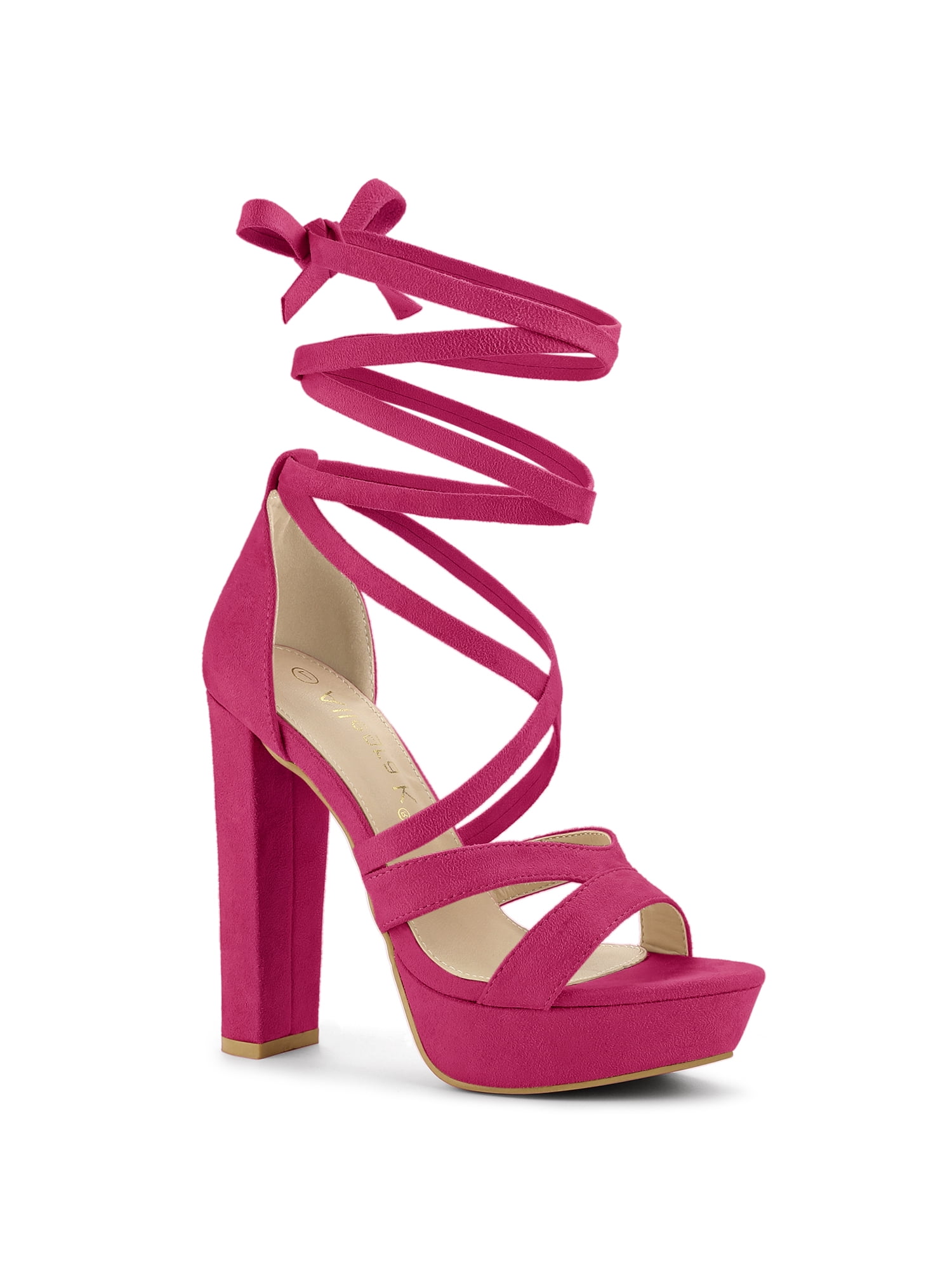 BLISSFUL STEP Women's Lace Up Platform Block High Heel Sandals Hot Pink ...