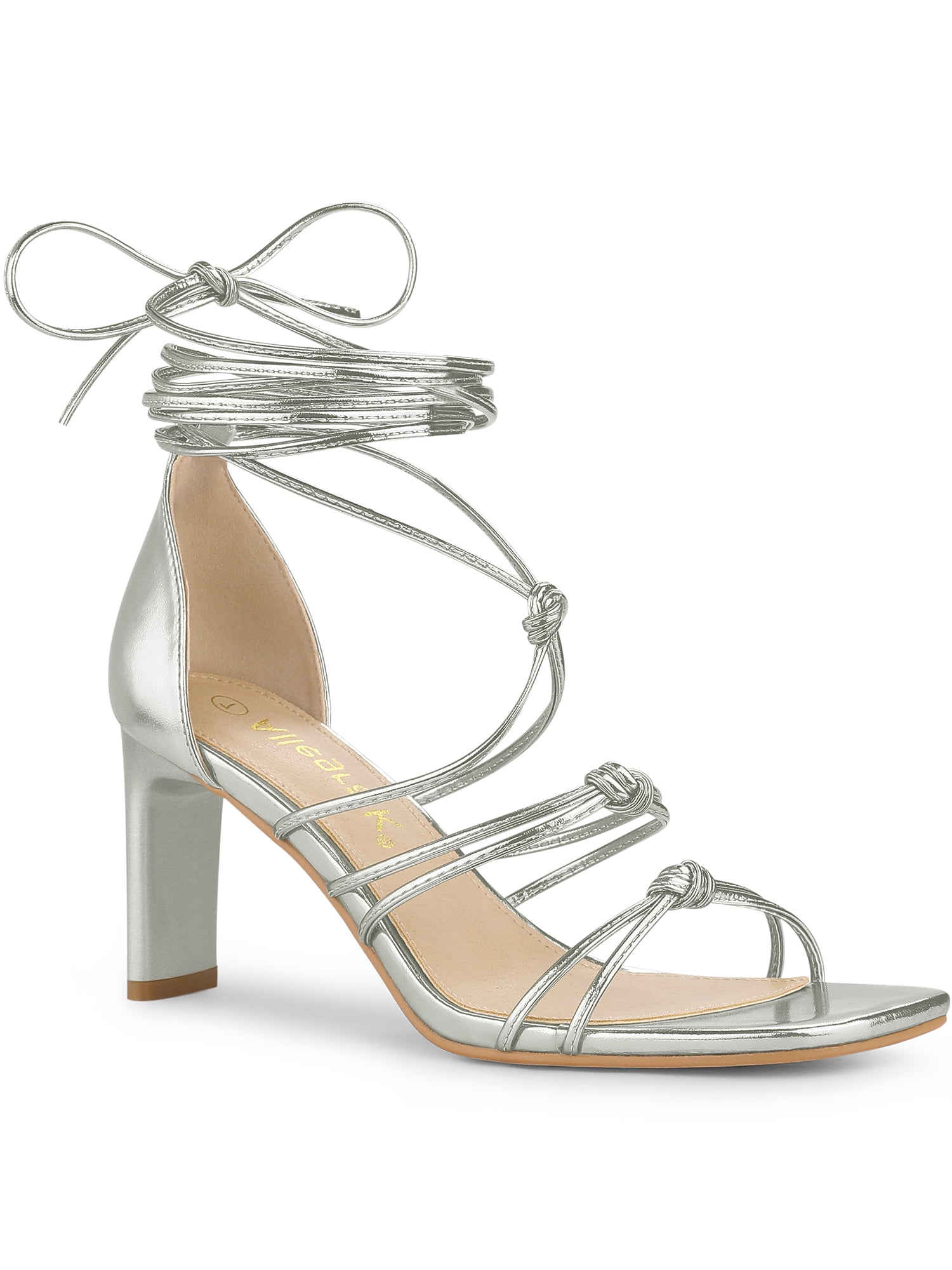 BLISSFUL STEP Women's Lace Up Strappy Block High Heels Sandals Silver 8 ...