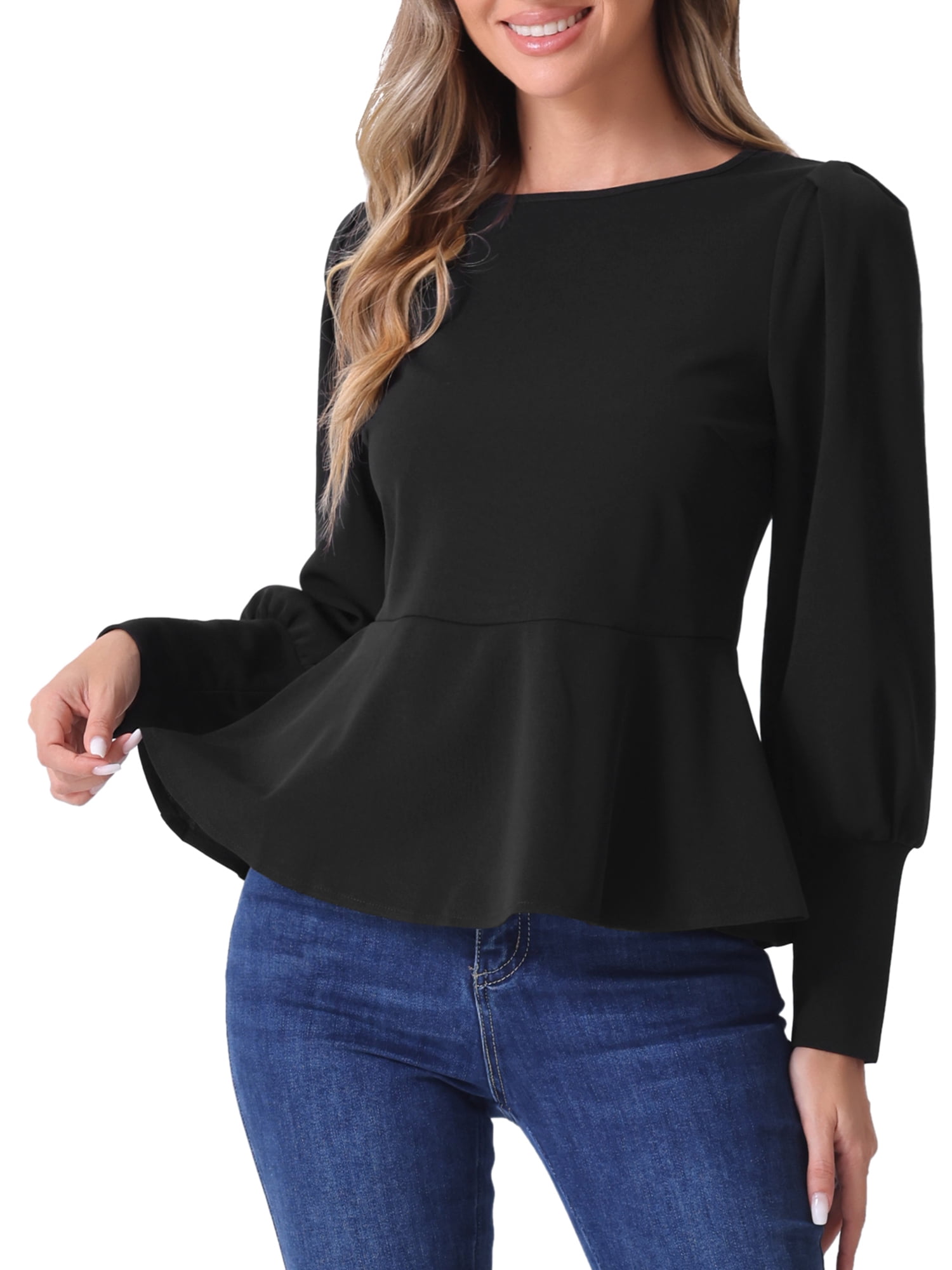 Allegra K Women's Lantern Long Sleeve Peplum Tops Crewneck Babydoll ...