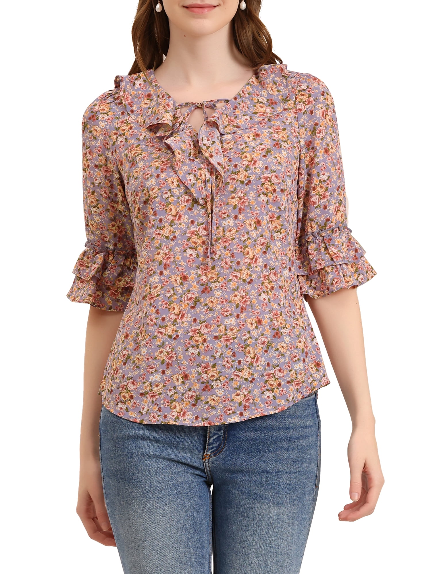 Allegra K Women's Layered Ruffle Elbow Sleeve Ruffled Tie-Neck Floral ...