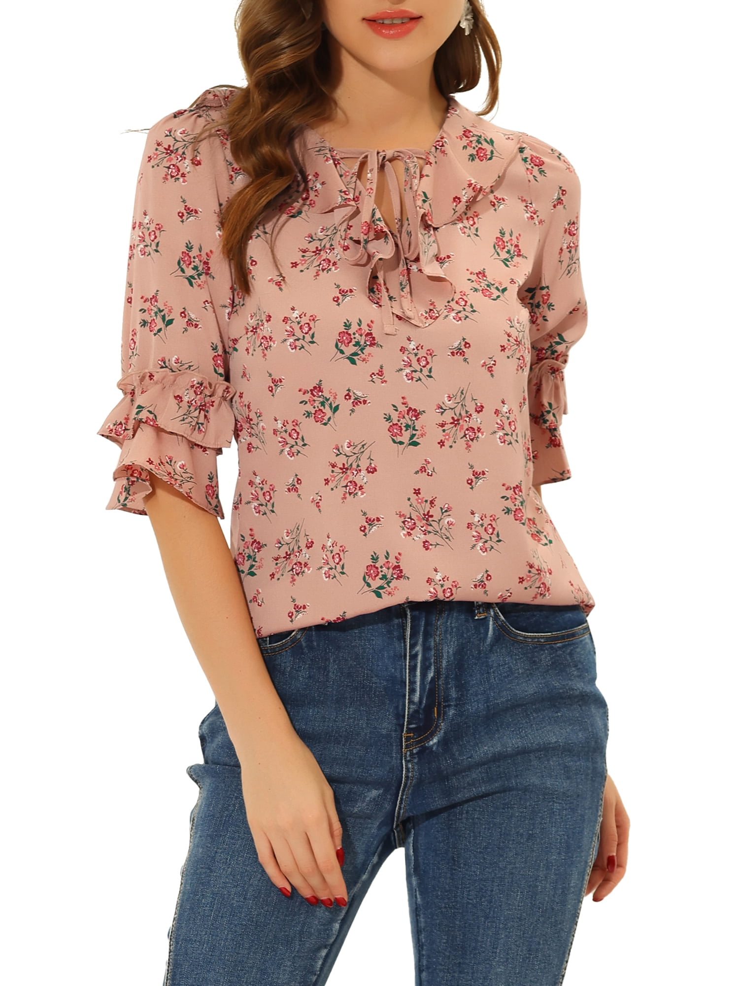 INSPIRE CHIC Women's Layered Ruffle Elbow Sleeve Ruffled Tie-Neck ...
