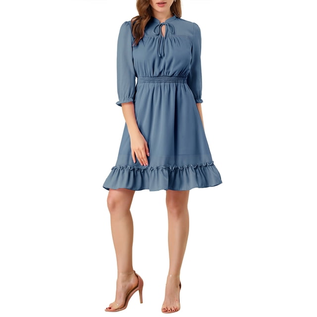 Allegra K Women's Layered Ruffle Hem 3/4 Sleeves Smocked Chiffon A-Line ...