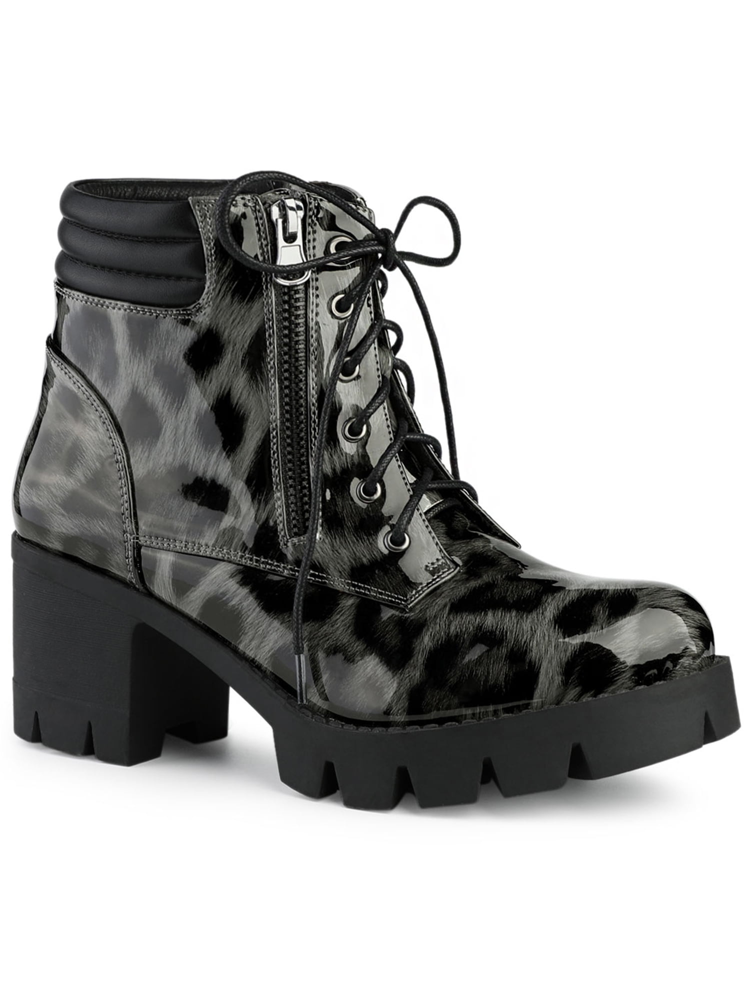 BLISSFUL STEP Women's Leopard Print Chunky Mid Heels Combat Boots Grey ...