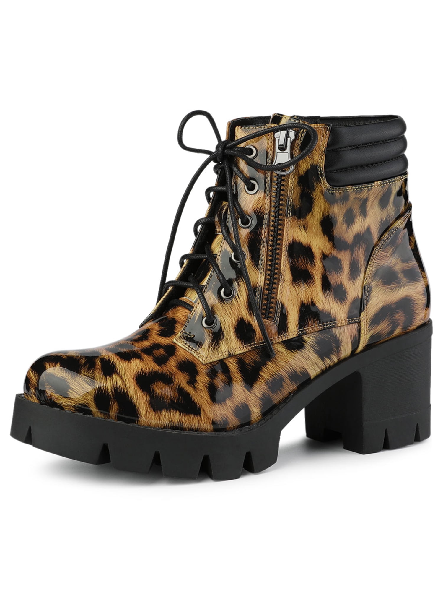 Allegra K Women's Leopard Print Chunky Mid Heels Combat Boots - Walmart.com