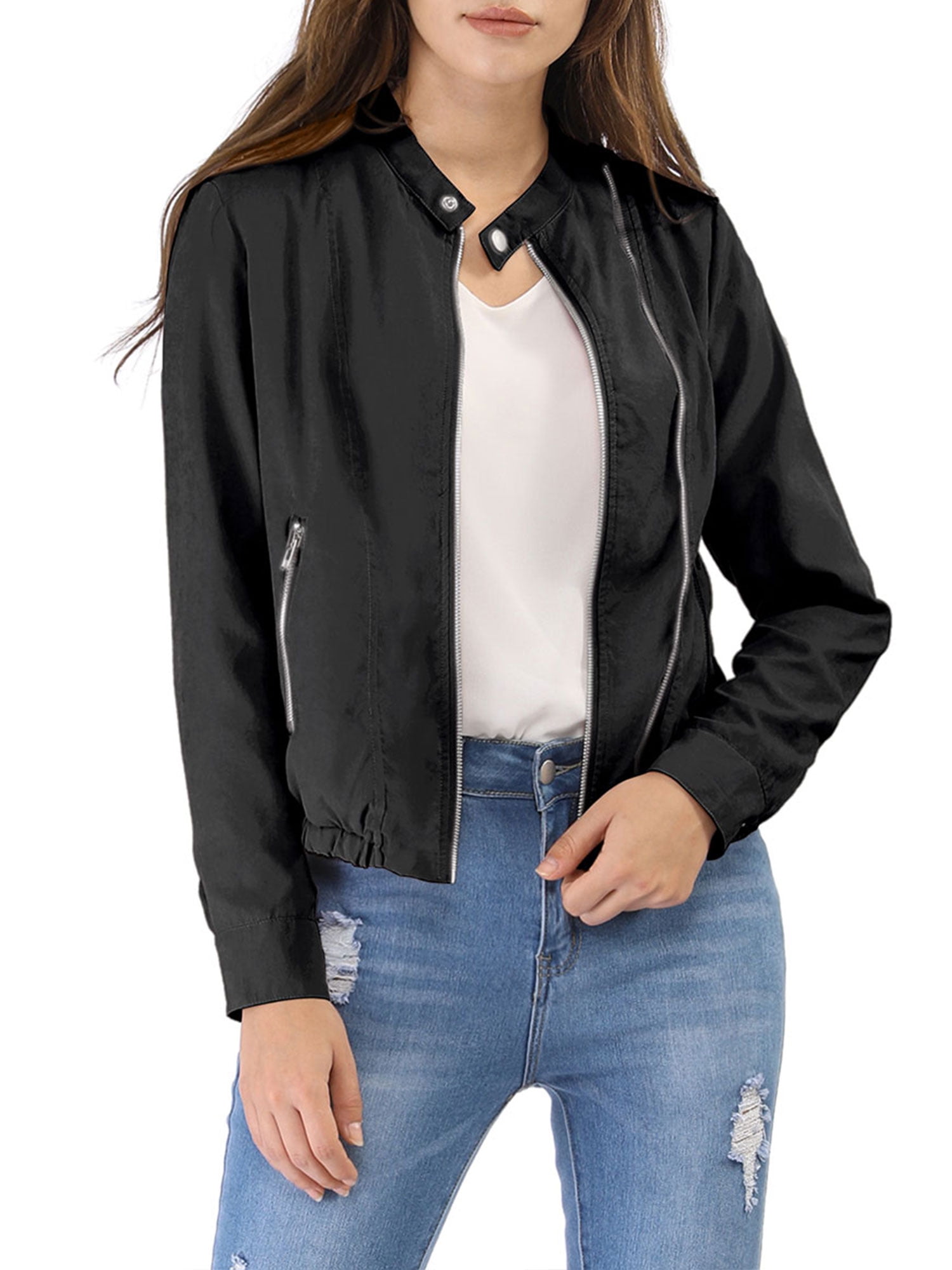 INSPIRE CHIC Women's Lightweight Stand Collar Zip up Biker Moto Jacket ...