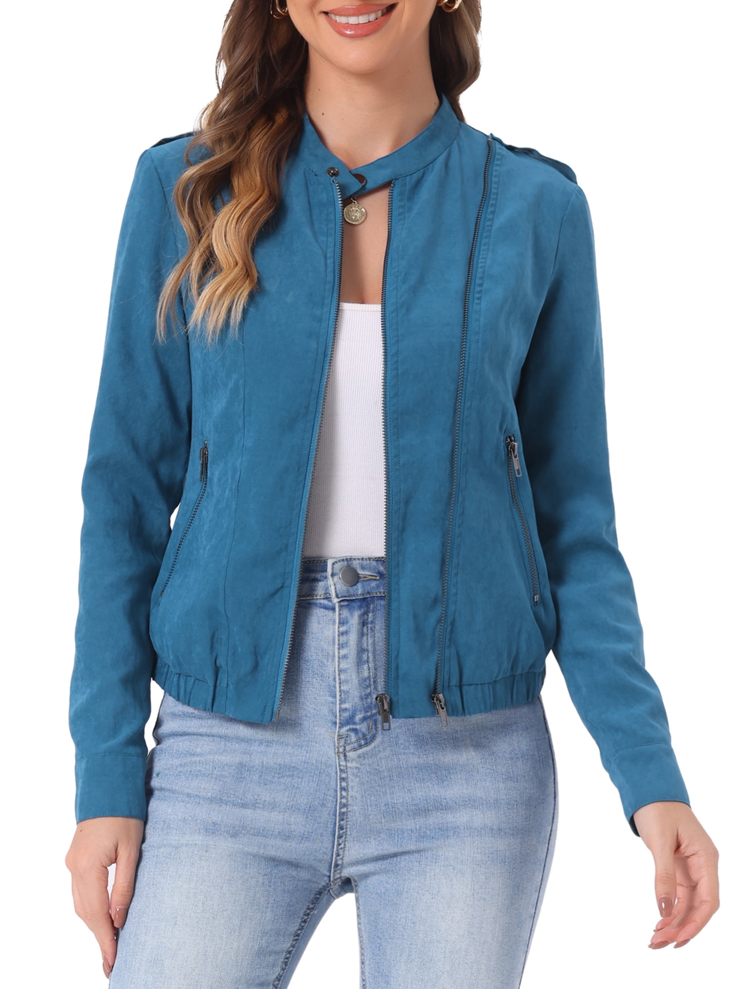INSPIRE CHIC Women's Lightweight Stand Collar Zip up Biker Moto Jacket ...