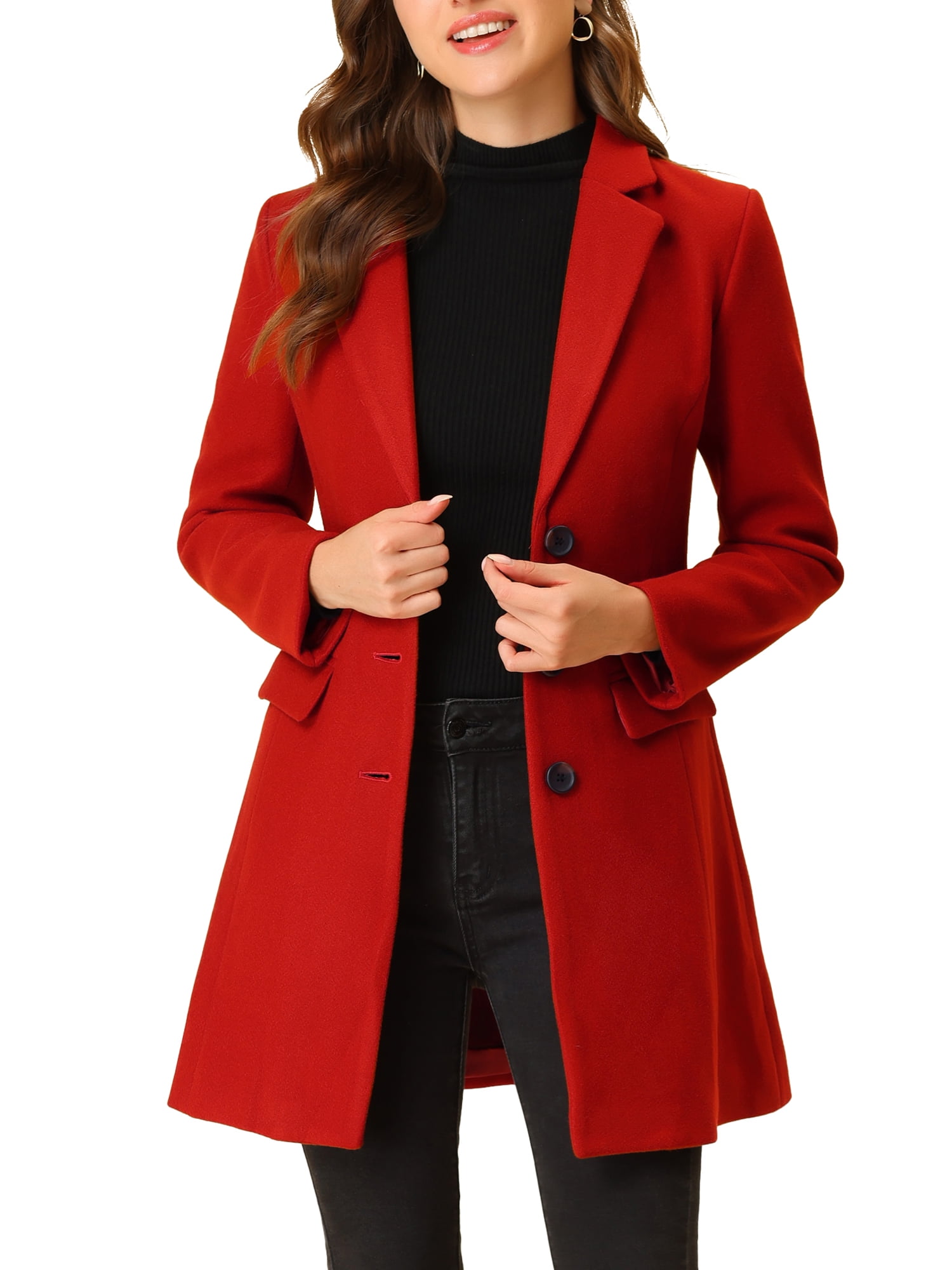 Allegra K Women's Notched Lapel Single-Breasted Winter Coat with Long ...