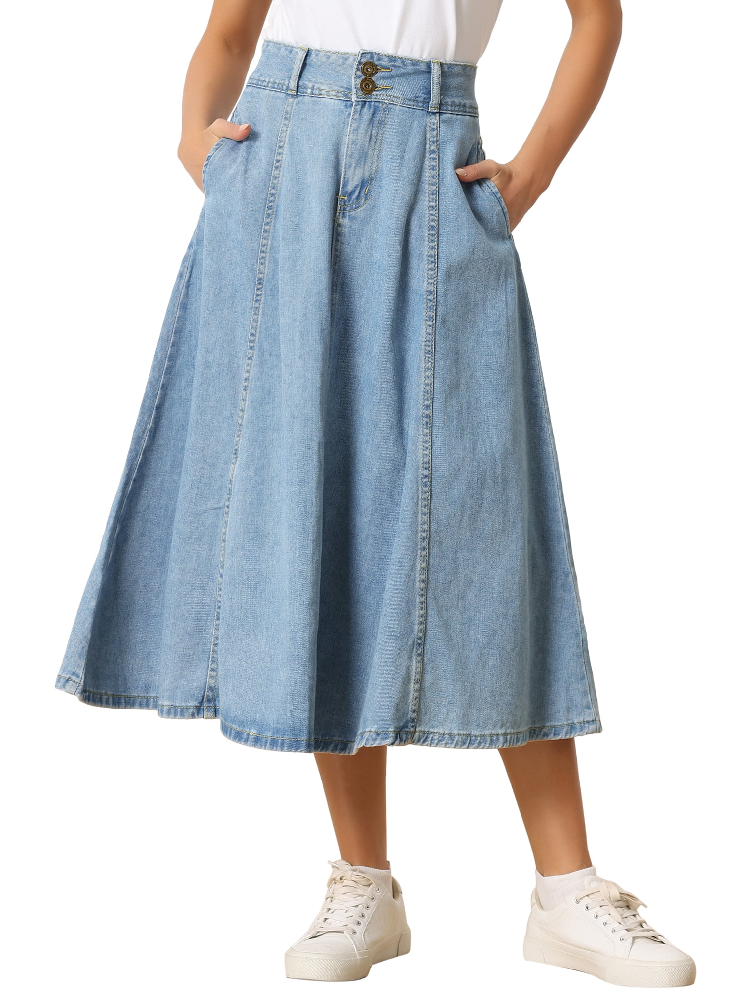 INSPIRE CHIC Women's Long Denim High Rise Button Front A-line Classic ...