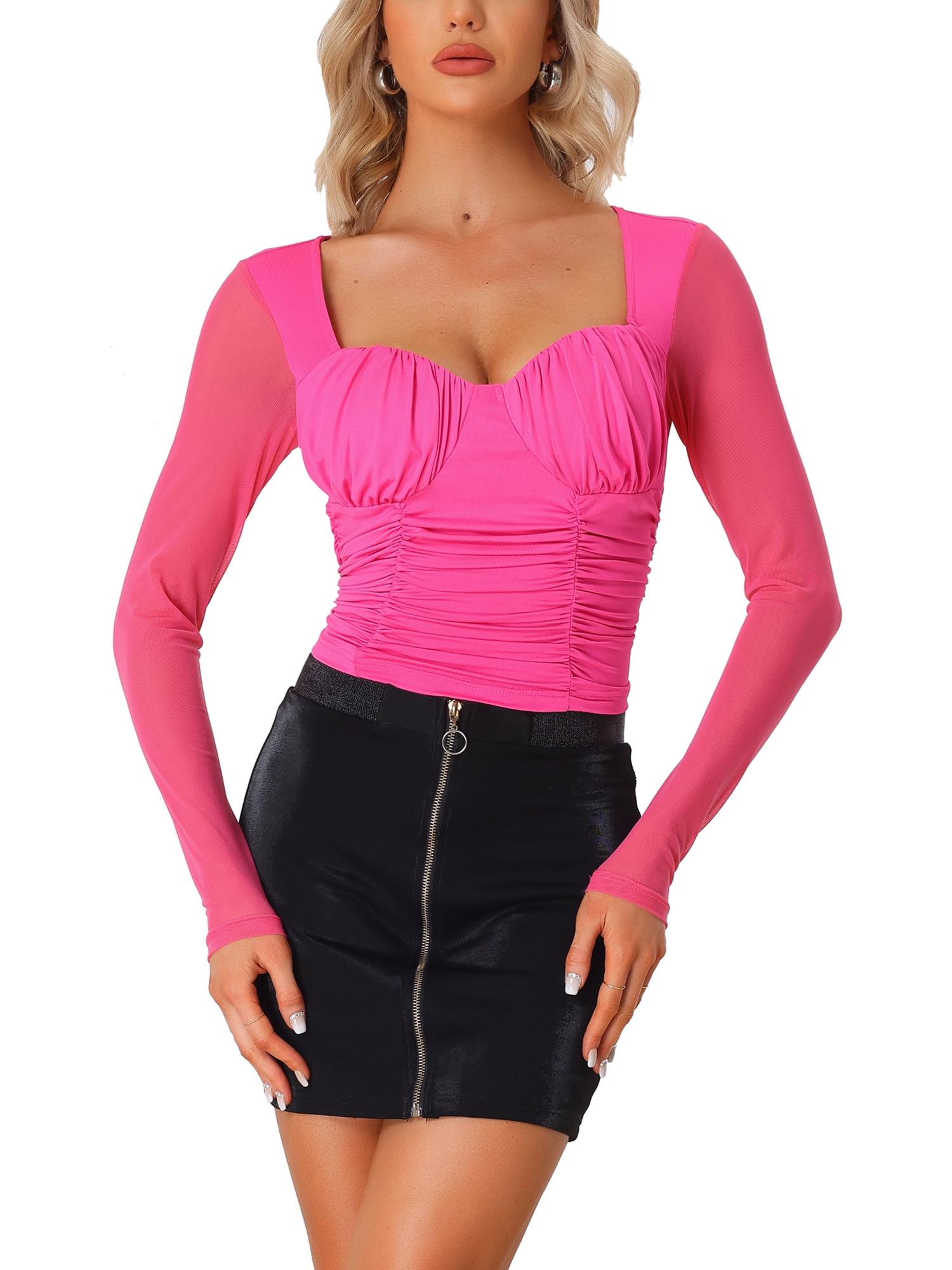 INSPIRE CHIC Women's Long Sleeve Mesh Sweetheart Neck Ruched Blouse ...