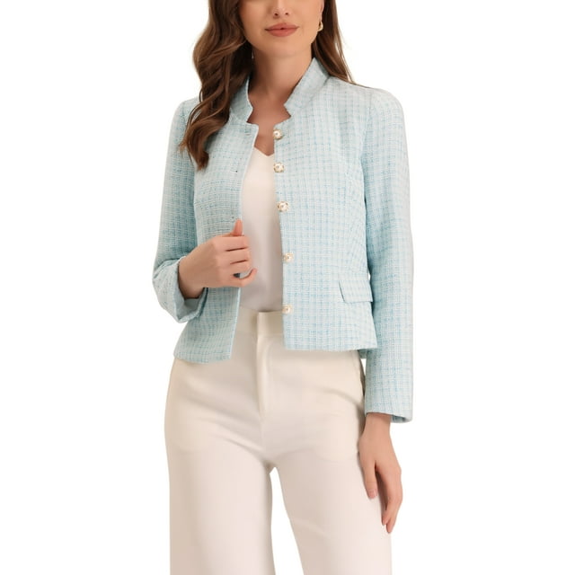 Allegra K Women's Long Sleeve Plaid Tweed Blazer Button Down Work Short Jacket - Walmart.com