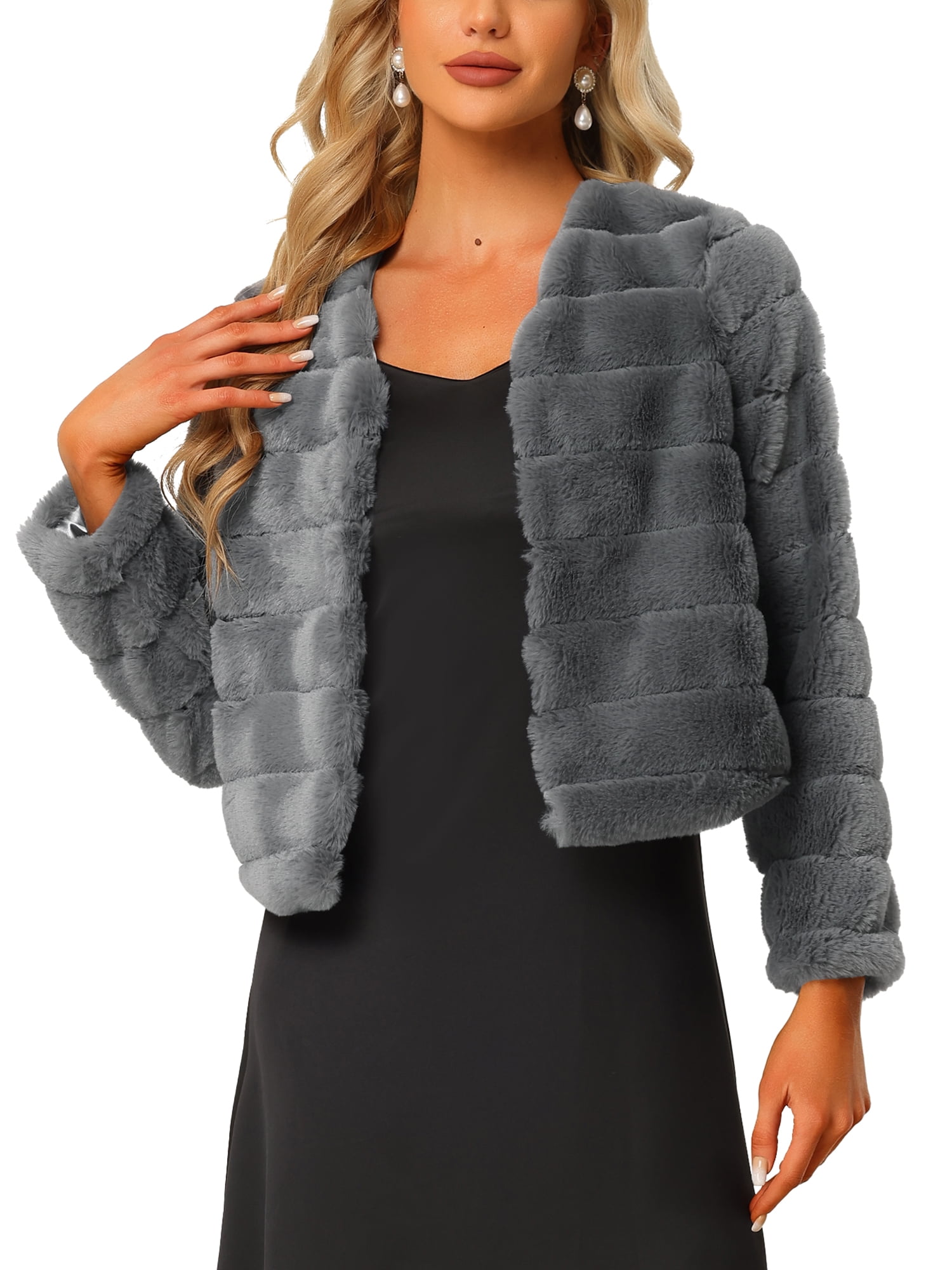 INSPIRE CHIC Women's Long Sleeve Solid Color Collarless Shaggy Soft Faux Fur Coat XS Gray ...