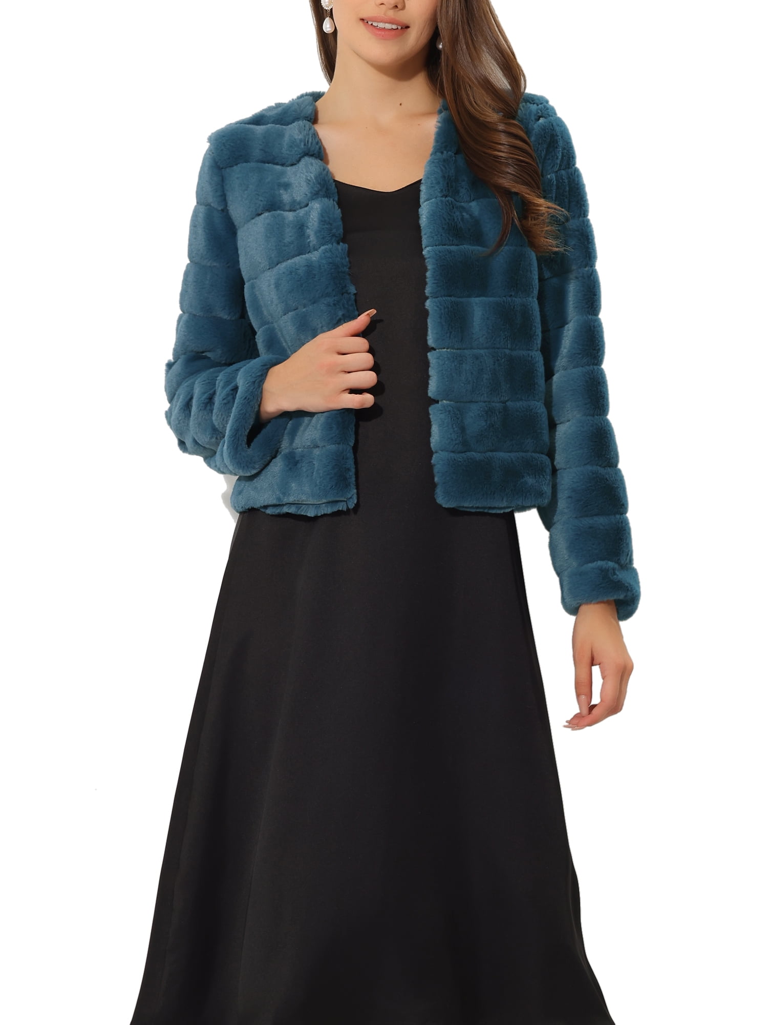 INSPIRE CHIC Women's Long Sleeve Solid Color Collarless Shaggy Soft Faux Fur Coat M Dark Grey ...