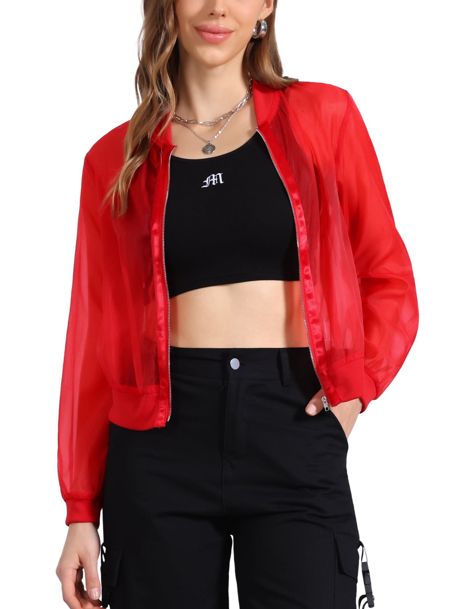 INSPIRE CHIC Women's Long Sleeves Zip Up See Through Lightweight Bomber ...