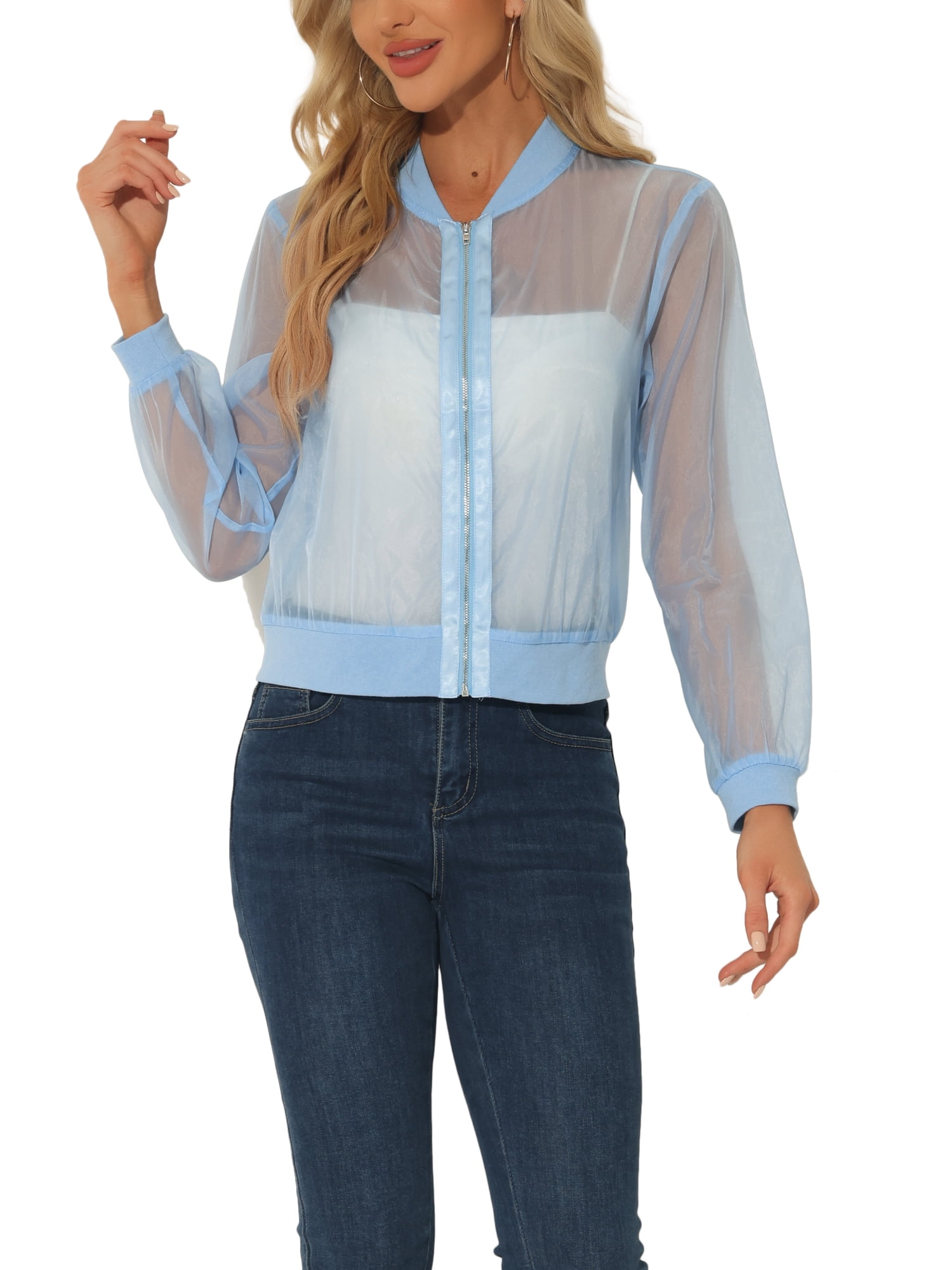 INSPIRE CHIC Women's Long Sleeves Zip Up See Through Lightweight Bomber ...